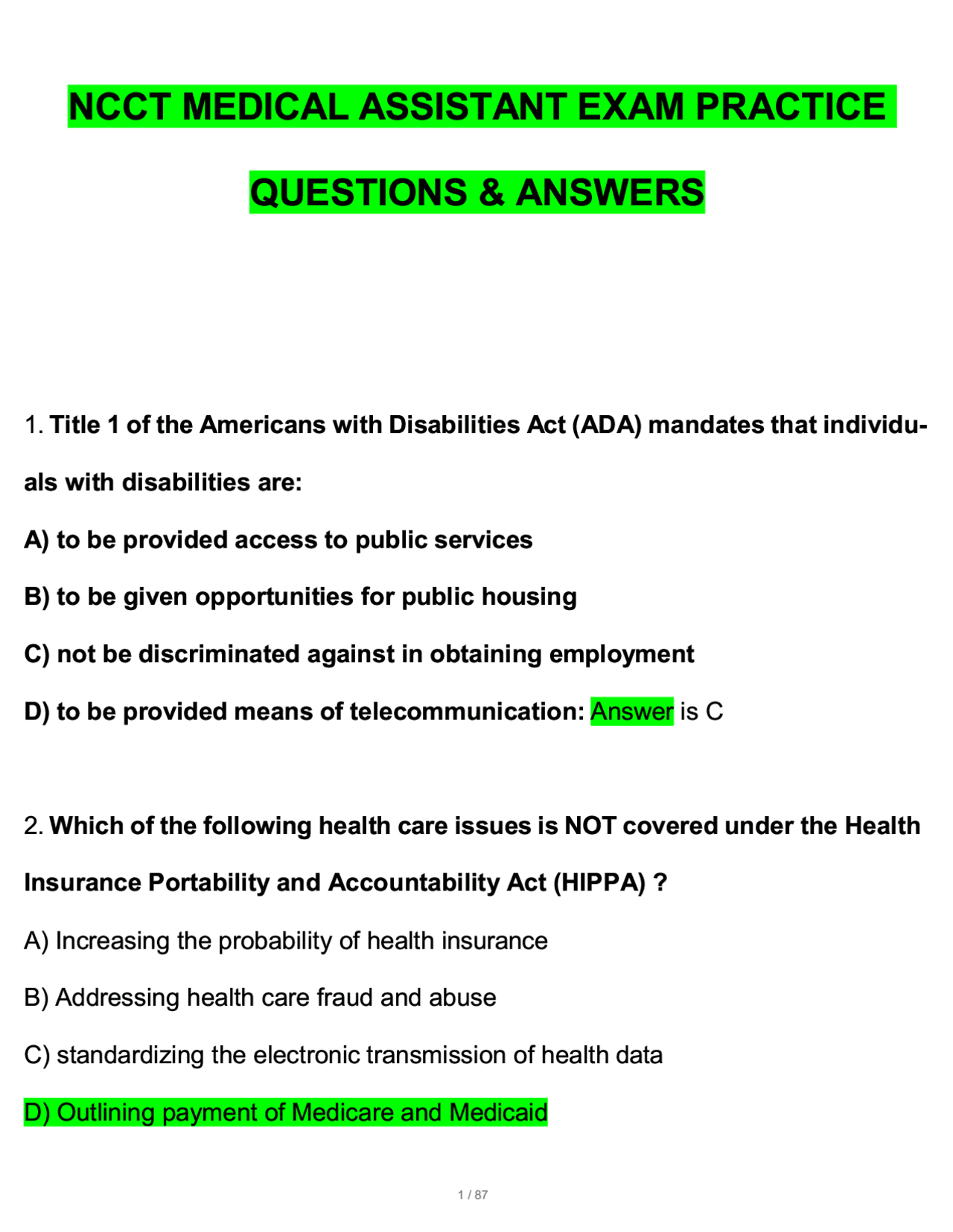 NCCT MEDICAL ASSISTANT EXAM PRACTICE 2025 Questions & Verified Answers ...