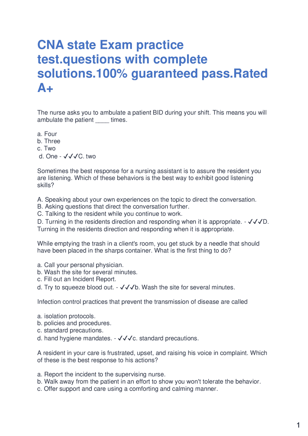 CNA state exam.Questions with complete solutions,rated A+.100% ...