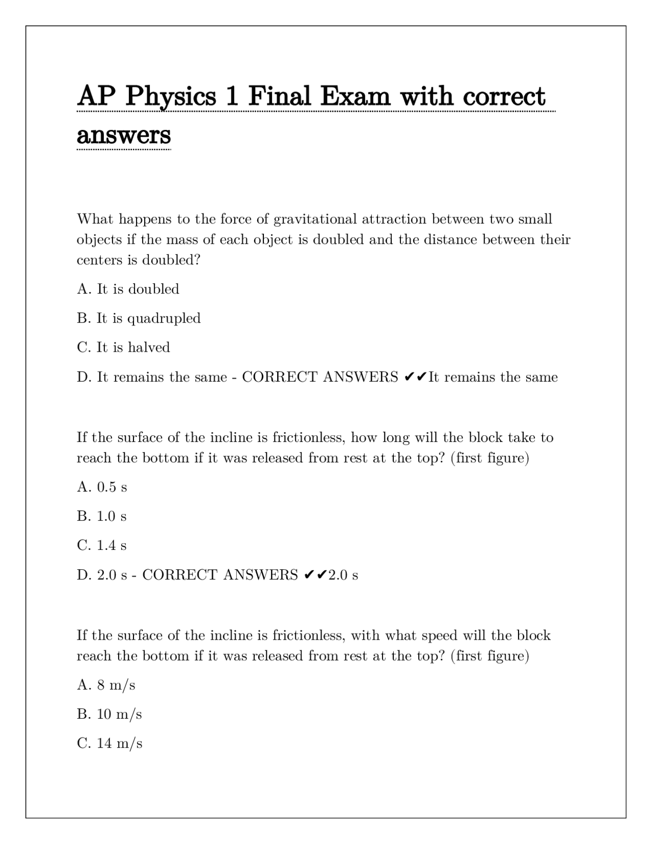 AP Physics 1 Final Exam Questions with Answers | Exams Physics | Docsity