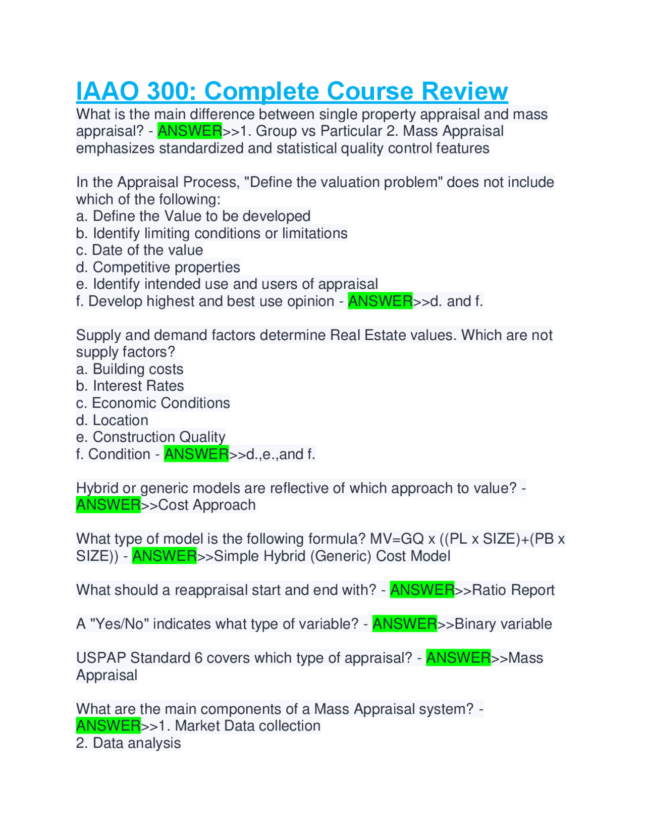 IAAO 300: Complete Course Review 2025 EXAM Q&A | Exams Property Law ...