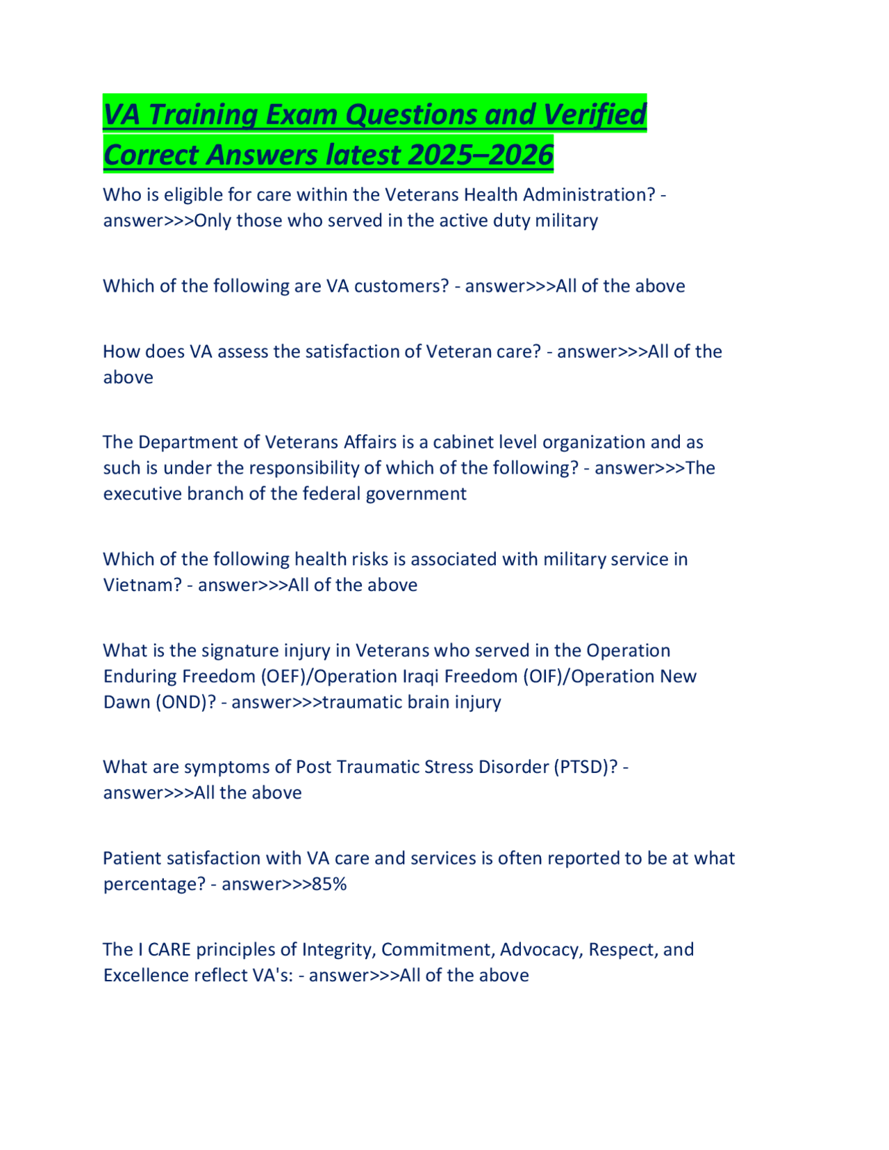 VA Training Exam Questions and Verified Correct Answers latest 2025 ...