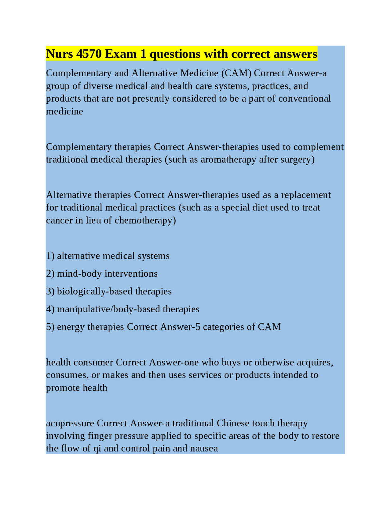 CAM: Exam Questions and Answers on Complementary and Alternative ...