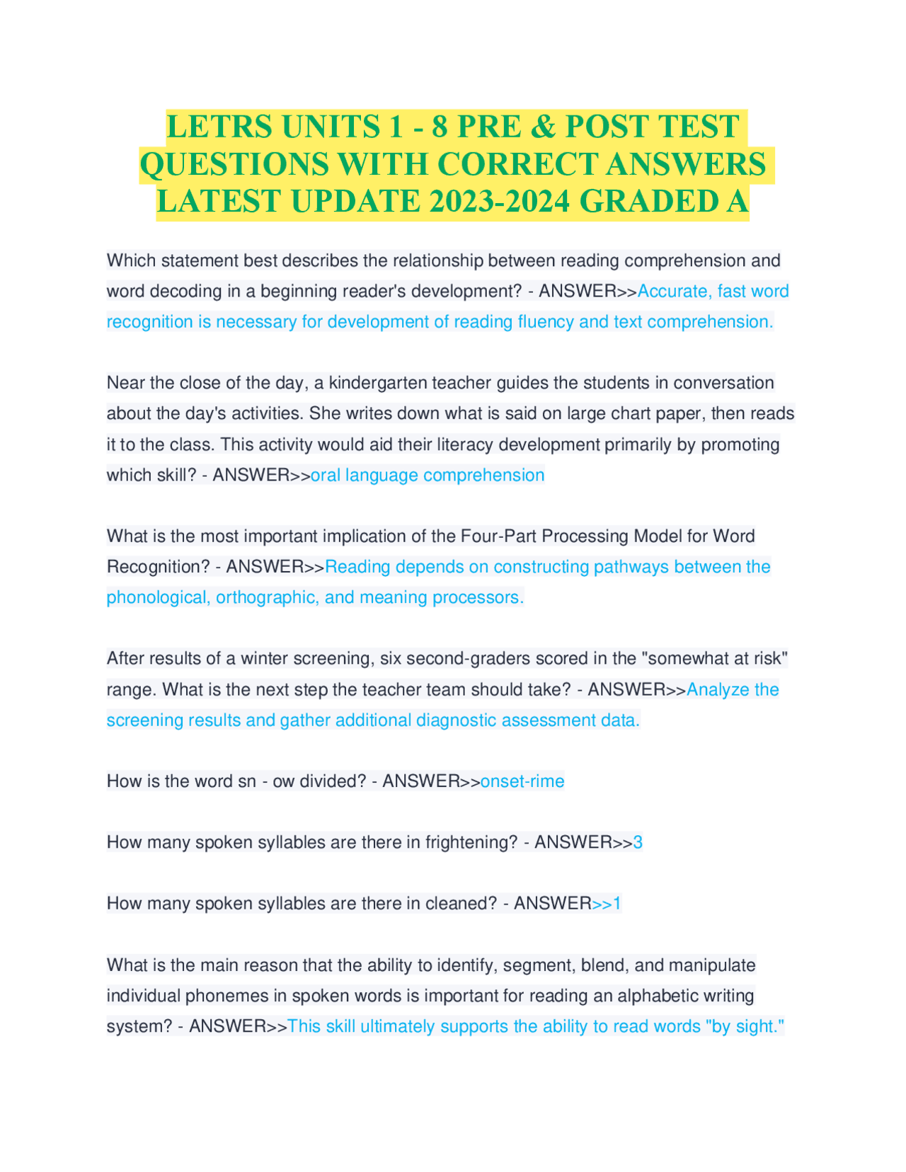 LETRS UNITS 1 - 8 PRE & POST TEST QUESTIONS WITH CORRECT ANSWERS LATEST ...