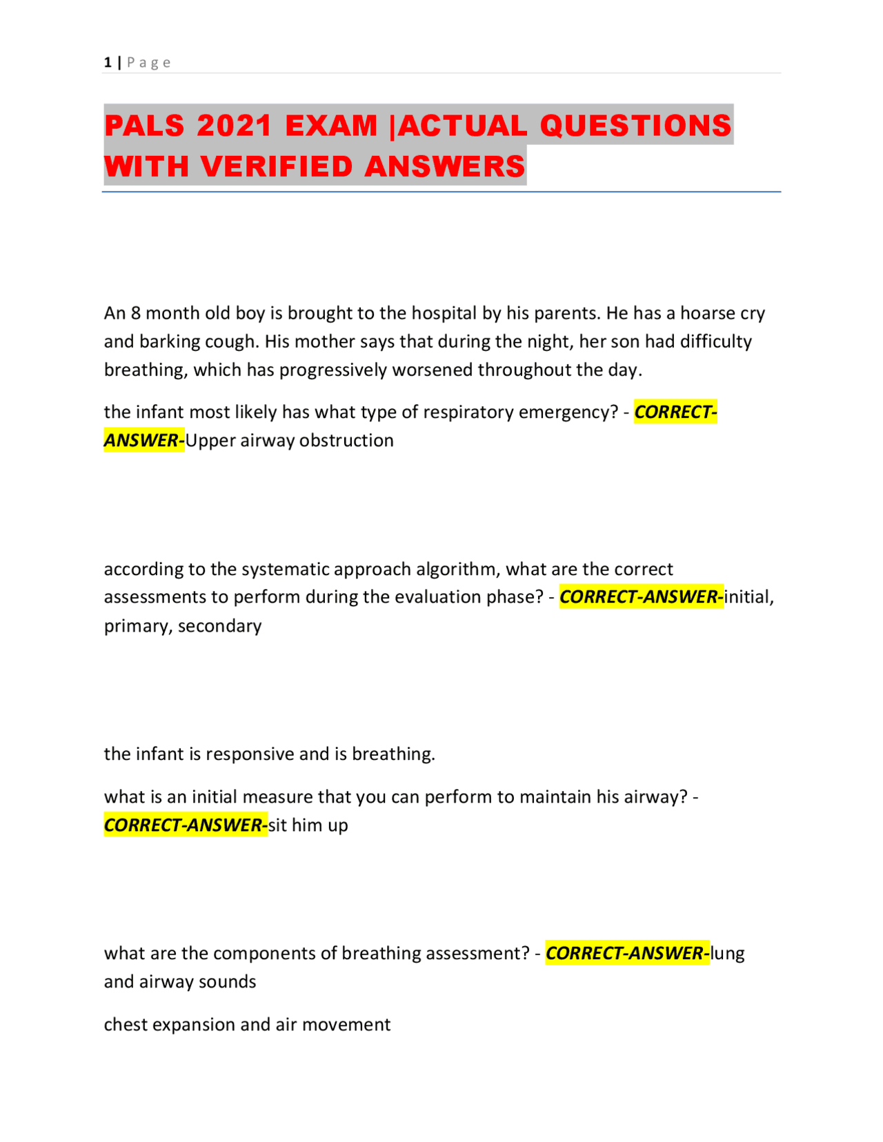 PALS 2021 EXAM |ACTUAL QUESTIONS WITH VERIFIED ANSWERS | Exams Nursing ...