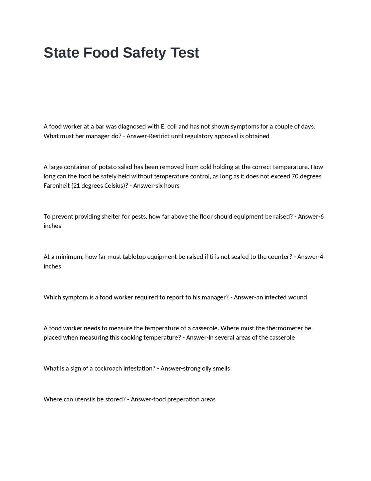 State Food Safety Test Questions and Answers | Exams Nursing | Docsity