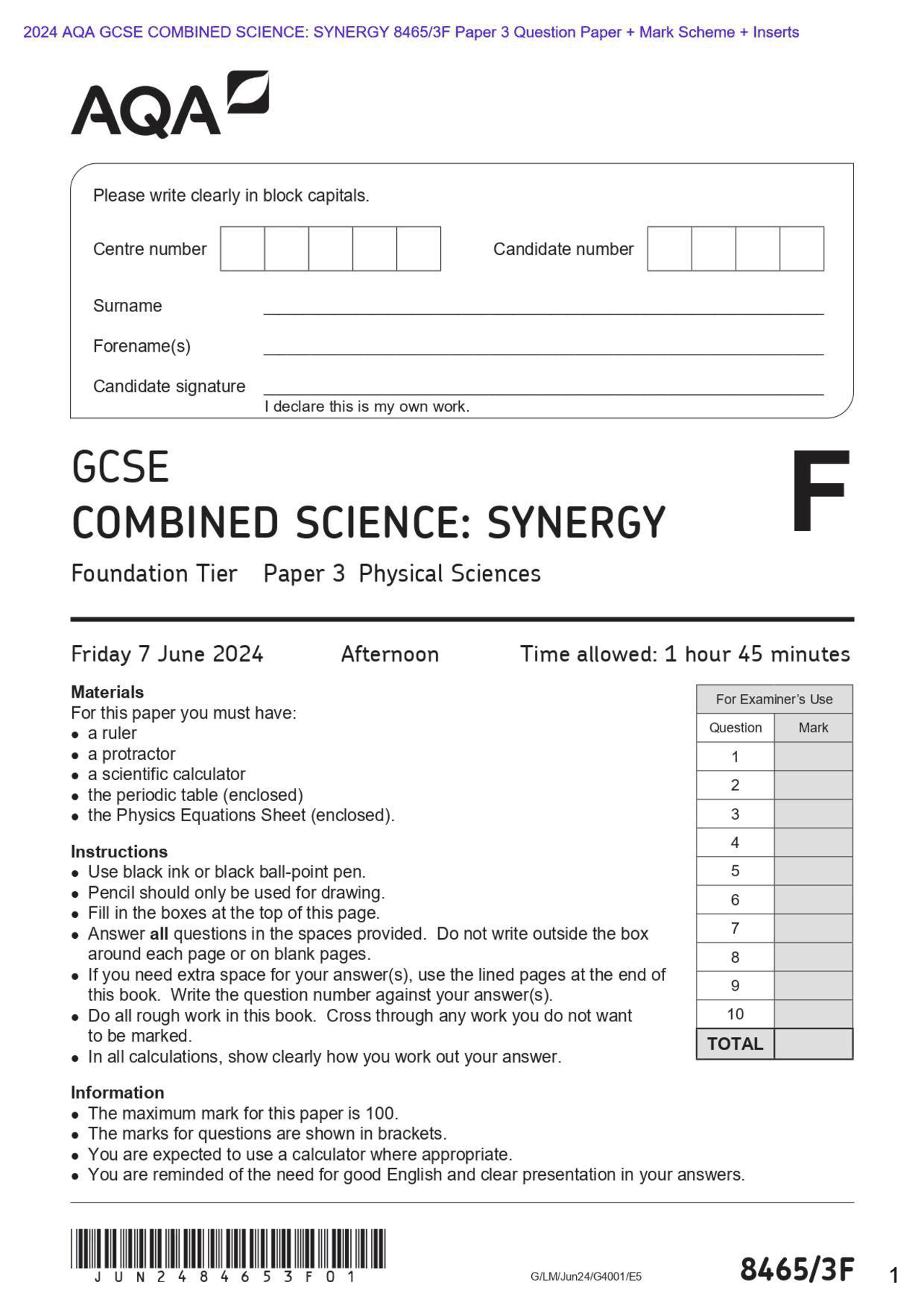 2025 AQA GCSE COMBINED SCIENCE: SYNERGY 8465/3F Paper 3 Question Paper ...