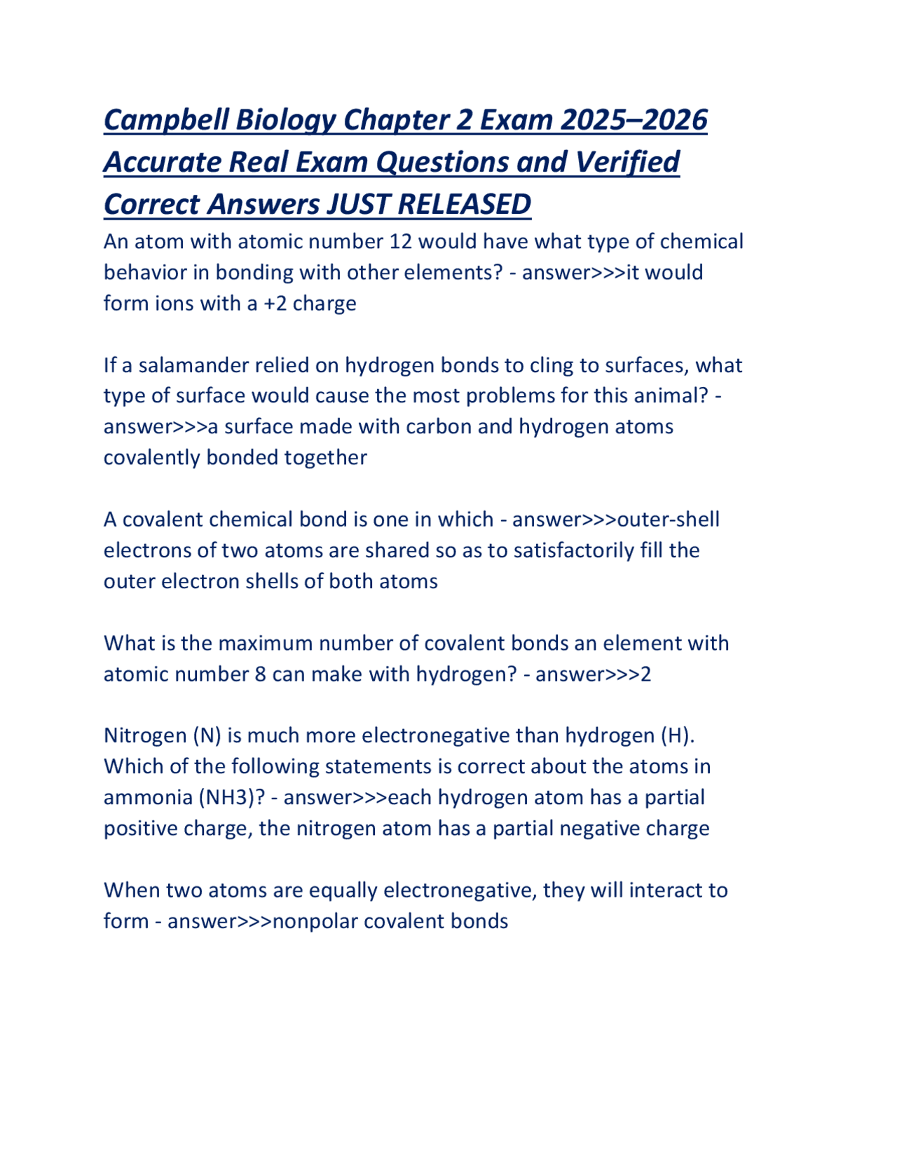 Campbell Biology Chapter 2 Exam 2025–2026 Chemistry of Life Verified ...