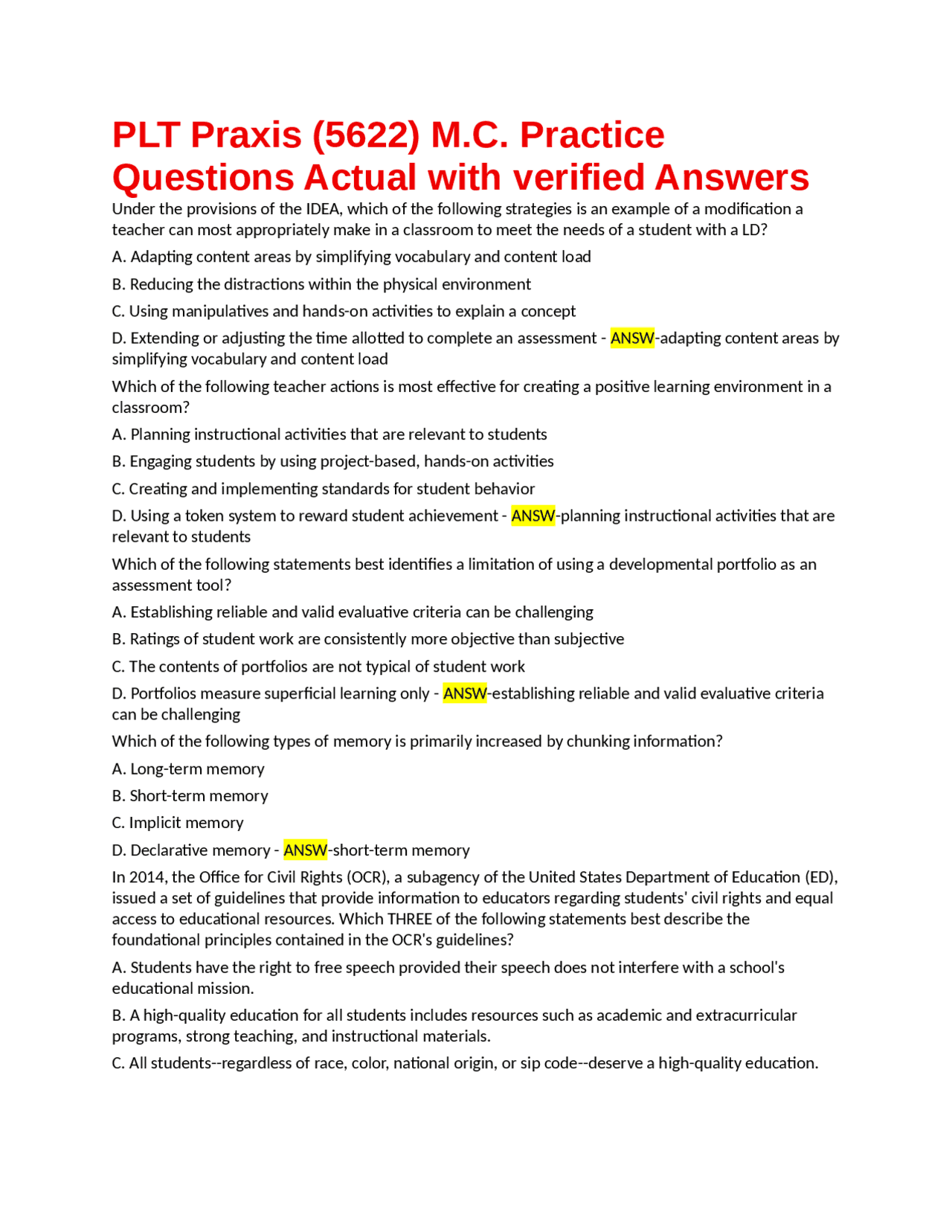 PLT Praxis (5622) M.C. Practice Questions Actual with verified Answers ...