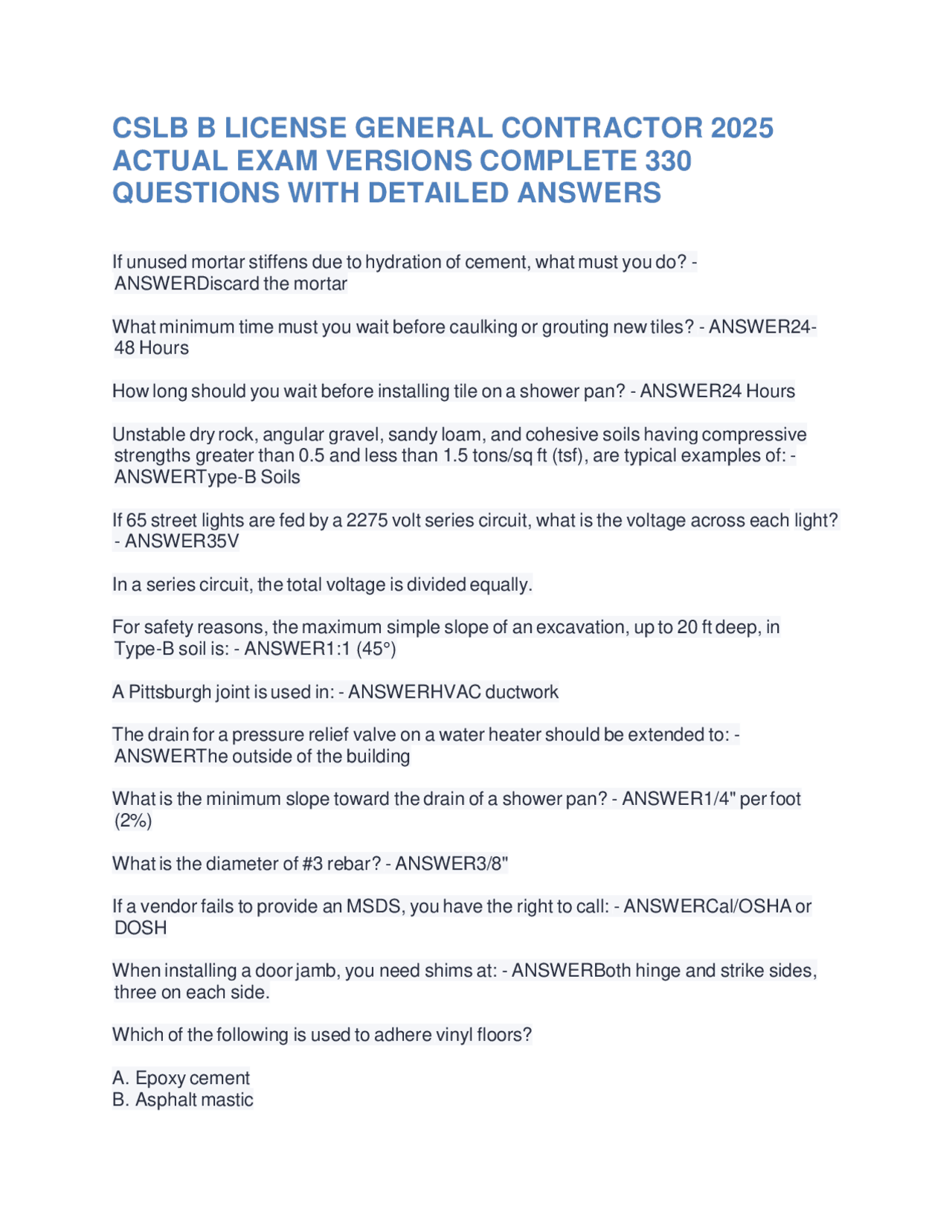 CSLB B LICENSE GENERAL CONTRACTOR 2025 ACTUAL EXAM VERSIONS COMPLETE ...