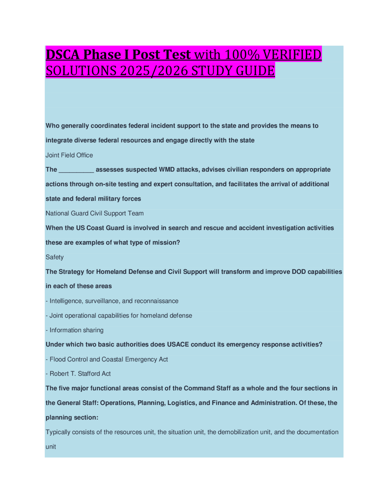 DSCA Phase I Post Test with 100% VERIFIED SOLUTIONS 2025/2026 STUDY ...