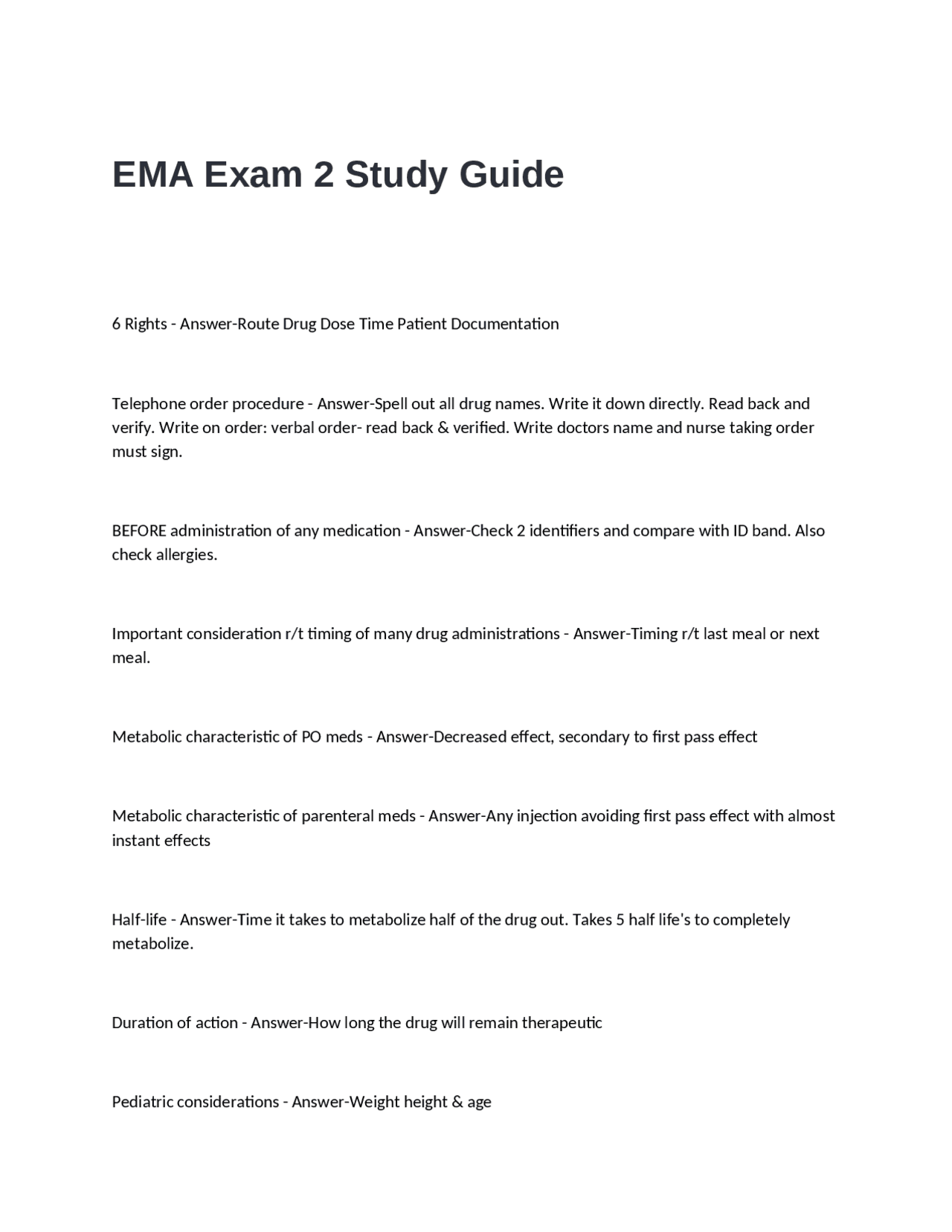 EMA Exam 2 Study Guide Questions and Answers | Exams Nursing | Docsity