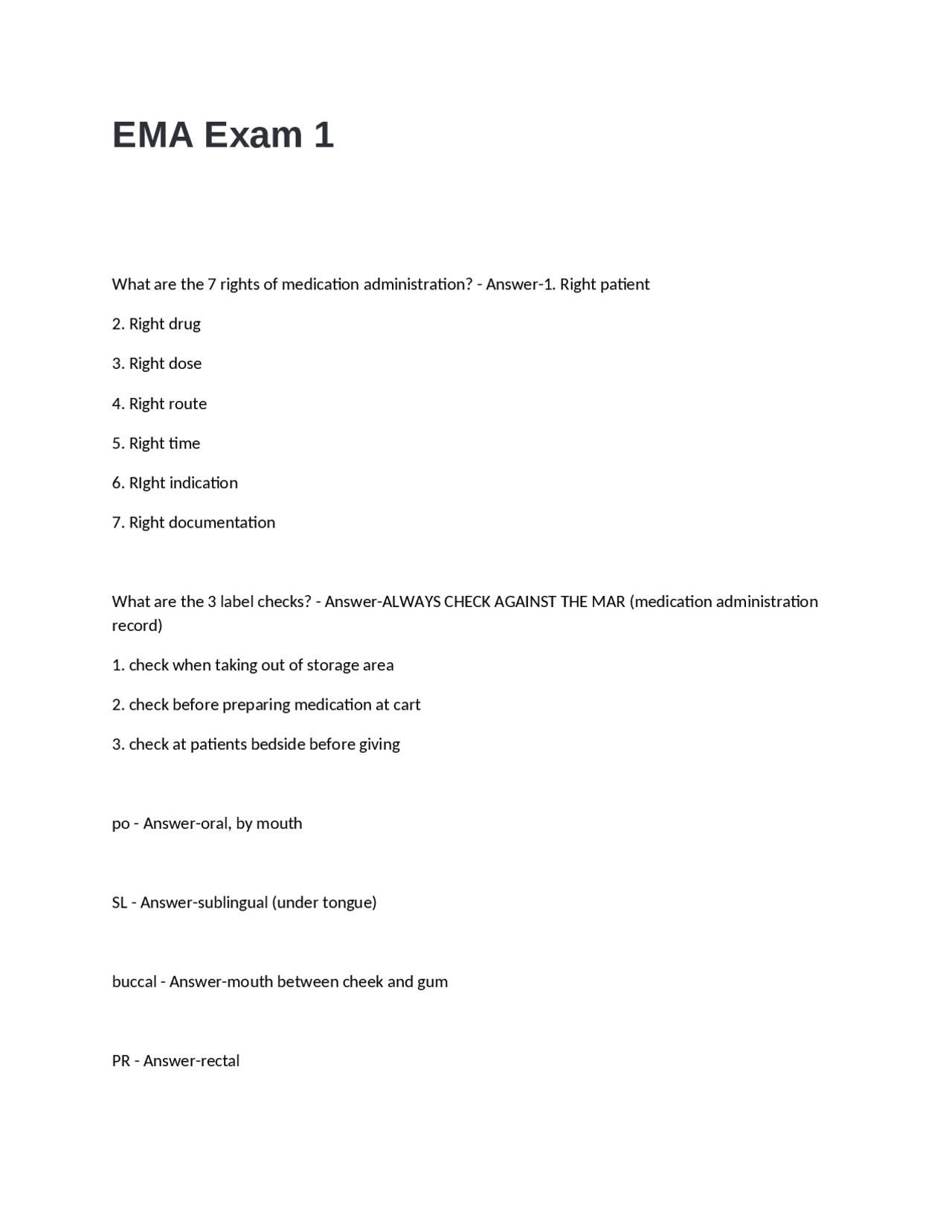 EMA Exam 1 Questions and Answers | Exams Nursing | Docsity