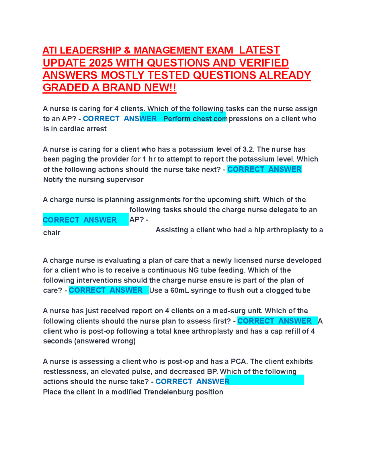 ATI LEADERSHIP & MANAGEMENT EXAM LATEST UPDATE 2025 WITH QUESTIONS AND ...