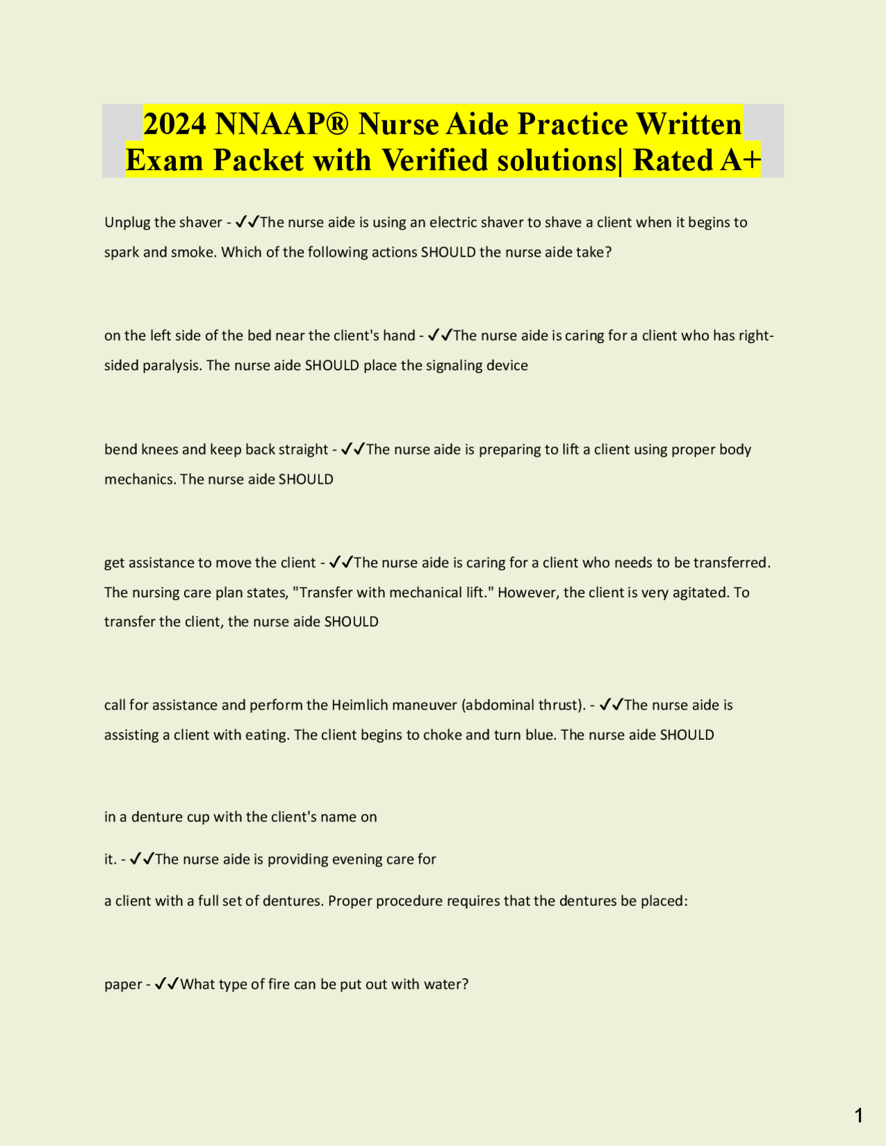 NNAAP® Nurse Aide Practice Written Exam Packet with Verified solutions| Rated A+ Unplug | Exams ...