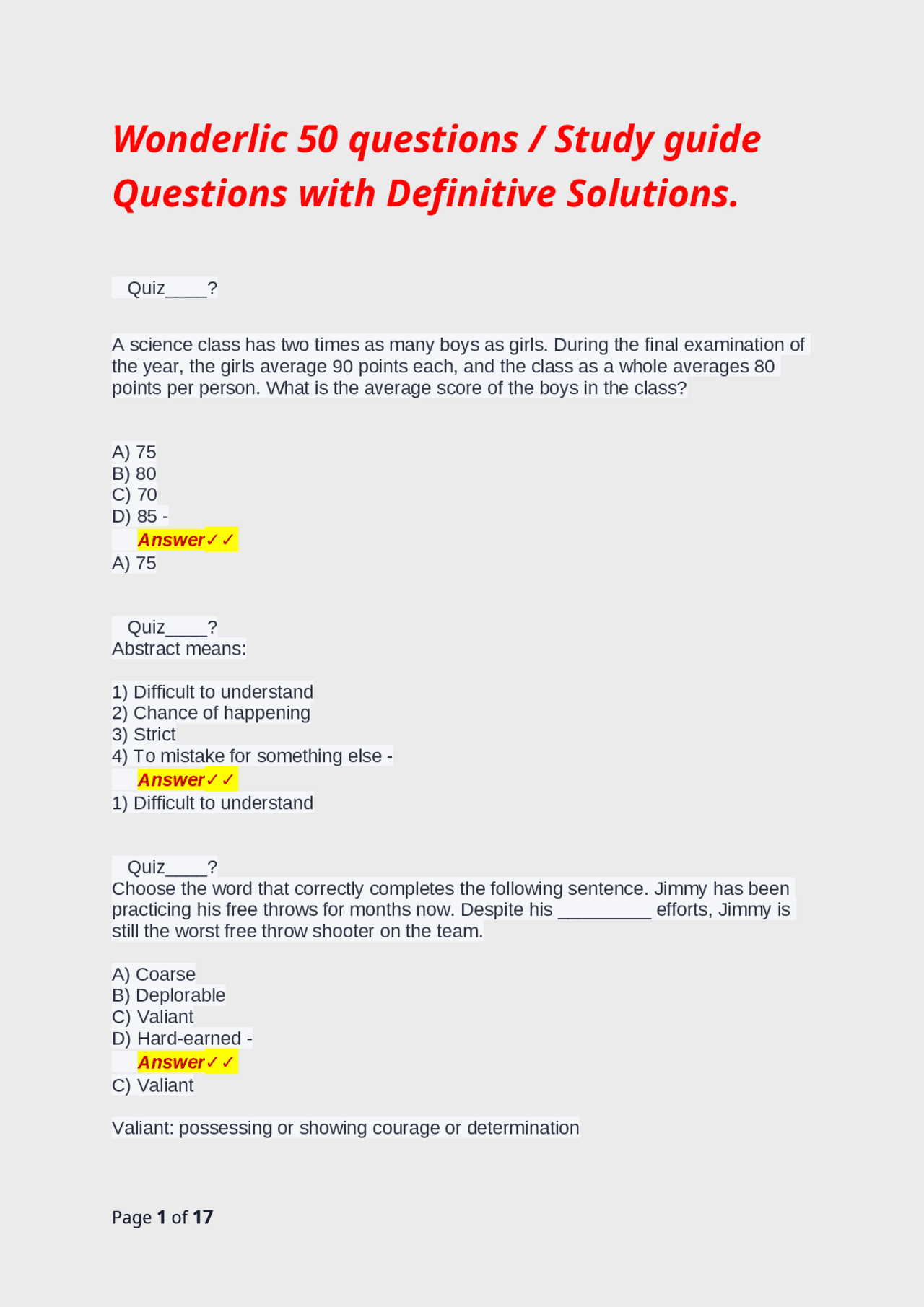 Wonderlic 50 questions / Study guide Questions with Definitive ...