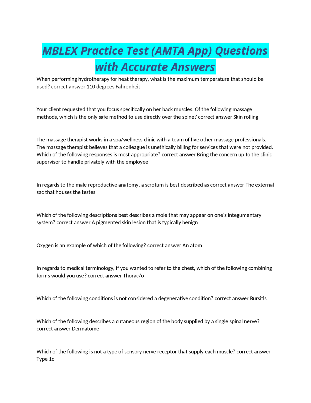 MBLEX Practice Test (AMTA App) Questions with Accurate Answers | Exams ...