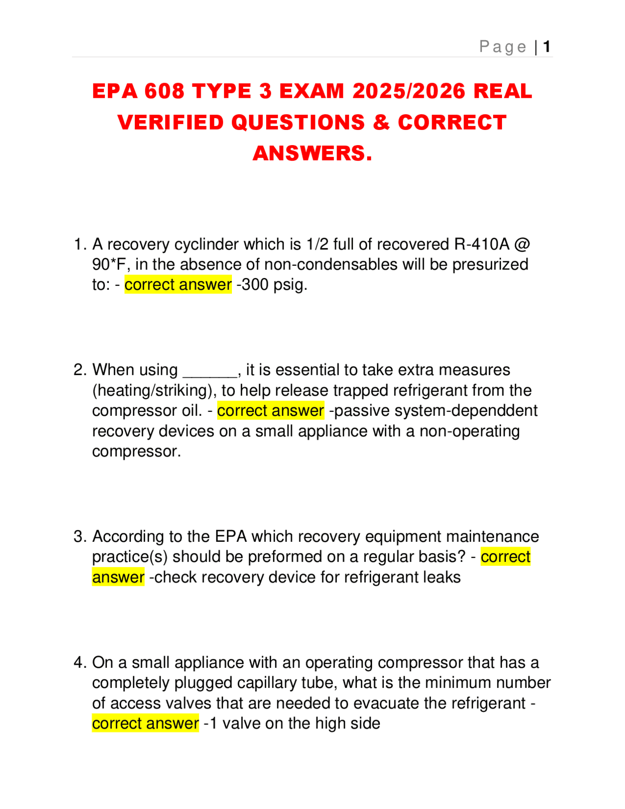 EPA 608 TYPE 3 EXAM 2025/2026 REAL VERIFIED QUESTIONS & CORRECT ANSWERS ...