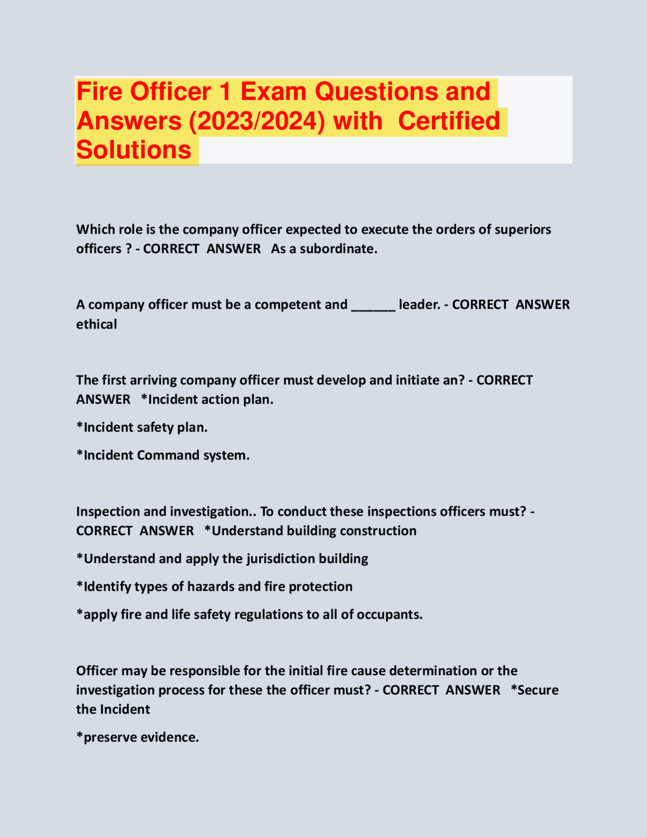 Fire Officer 1 Exam Questions and Answers (2023/2024) with Certified Solutions | Exams Nursing ...