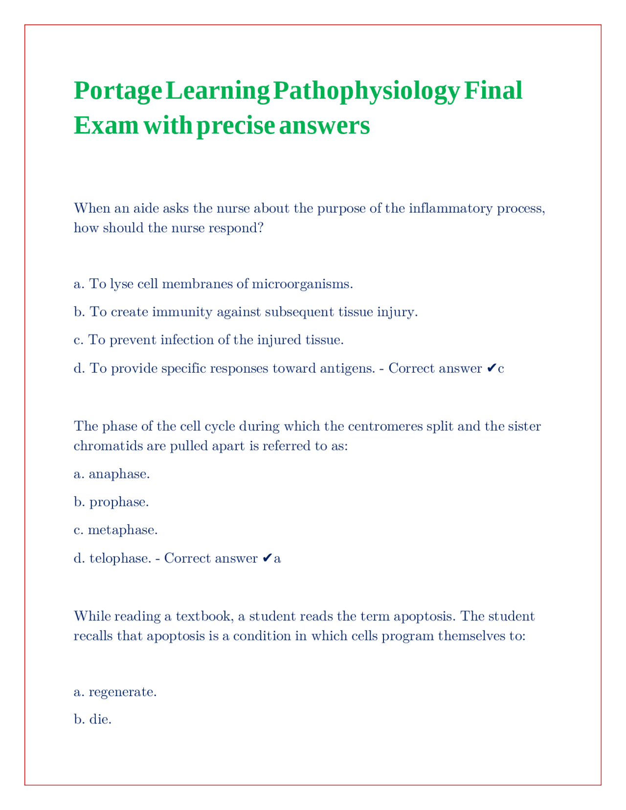Portage Learning Pathophysiology Final Exam with precise answers ...