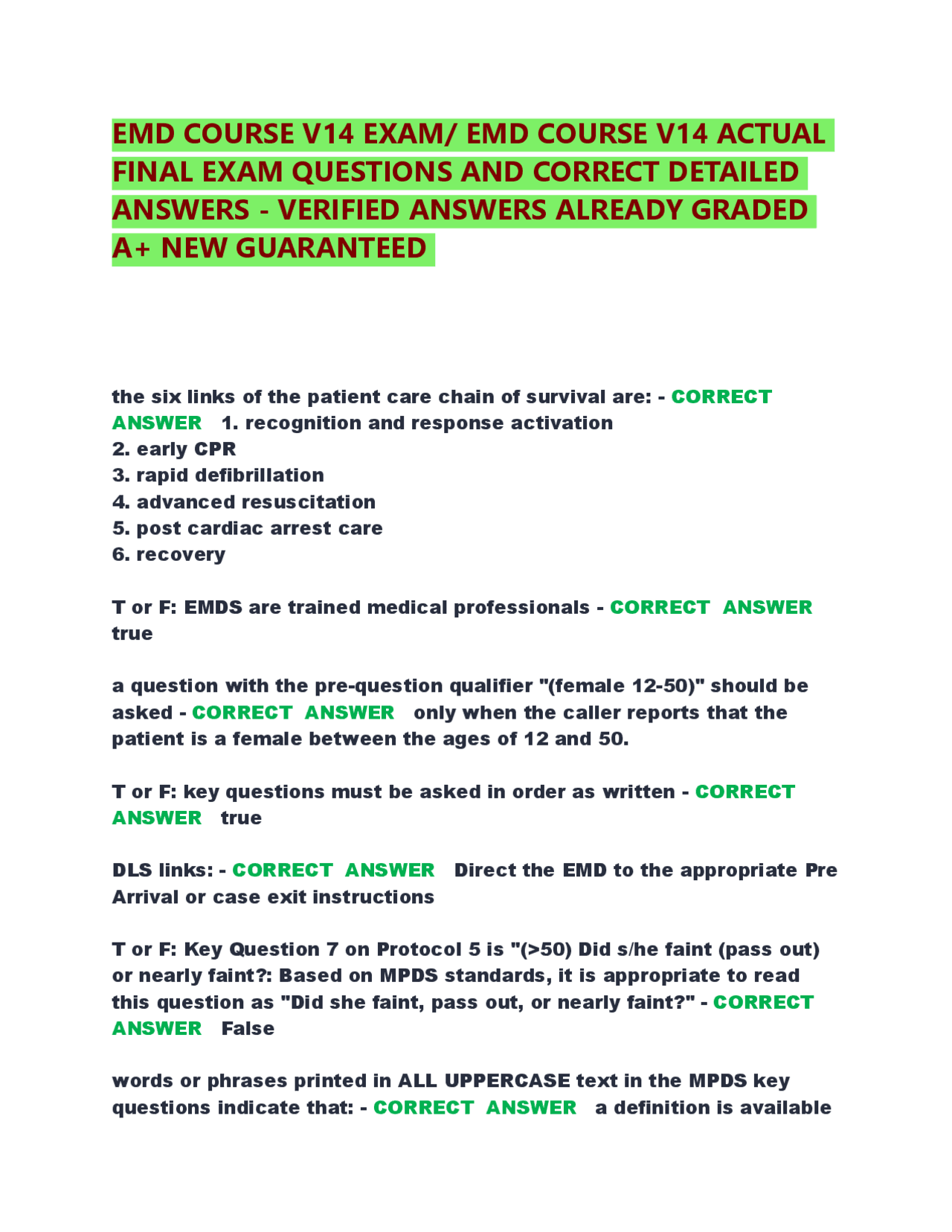 EMD COURSE V14 EXAM/ EMD COURSE V14 ACTUAL FINAL EXAM QUESTIONS AND ...