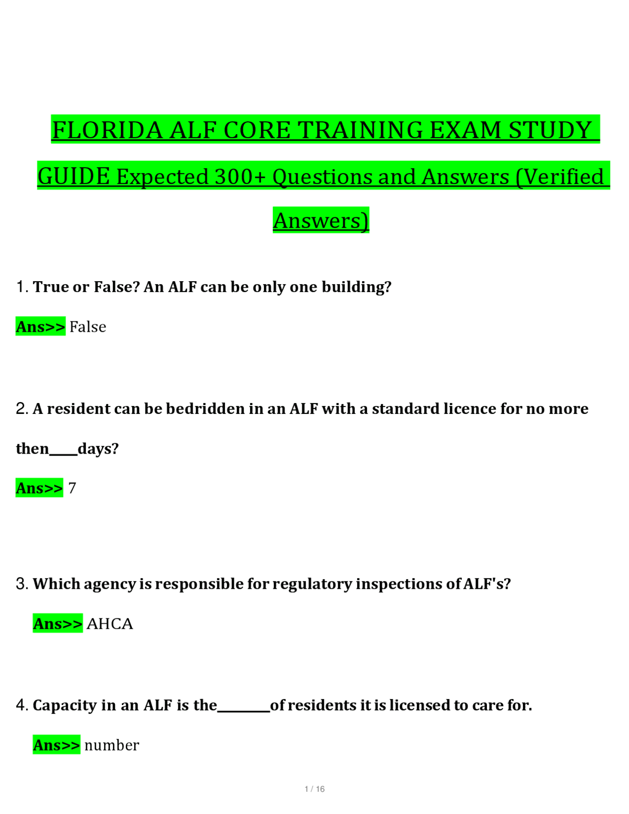 FLORIDA ALF CORE TRAINING EXAM STUDY GUIDE Expected 300+ Questions and ...