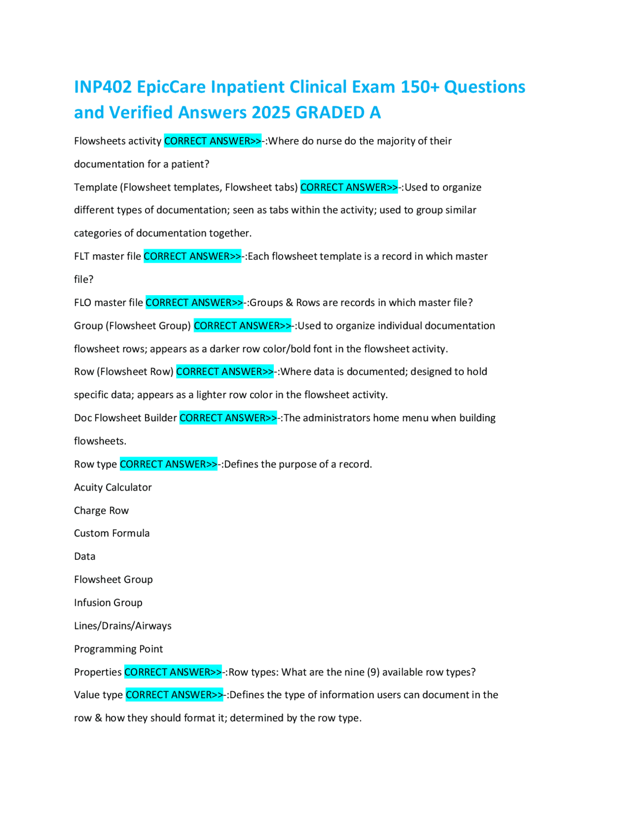 INP402 EpicCare Inpatient Clinical Exam 150+ Questions and Verified ...