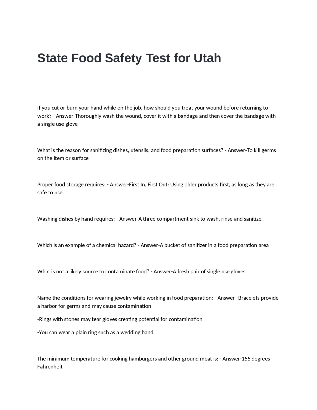 State Food Safety Test for Utah | Exams Nursing | Docsity