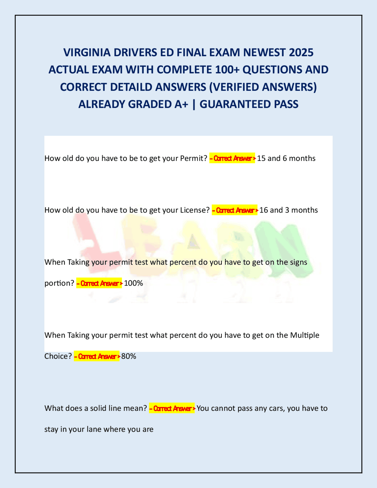 VIRGINIA DRIVERS ED FINAL EXAM NEWEST 2025 ACTUAL EXAM WITH COMPLETE ...