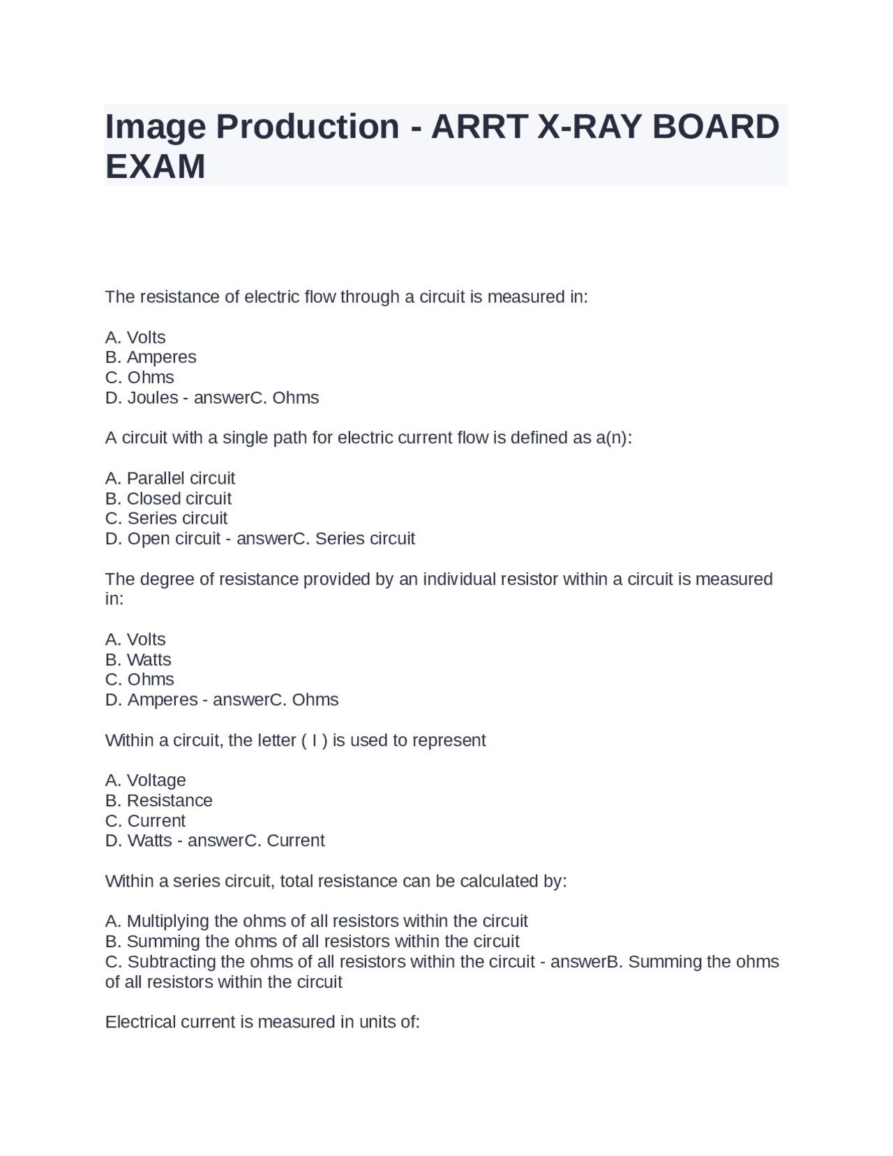 Image Production - ARRT X-RAY BOARD EXAM Questions and Answers | Exams ...