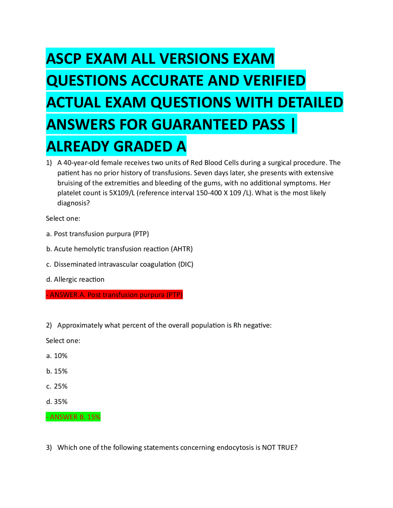 ASCP EXAM ALL VERSIONS EXAM QUESTIONS ACCURATE AND VERIFIED ACTUAL EXAM ...