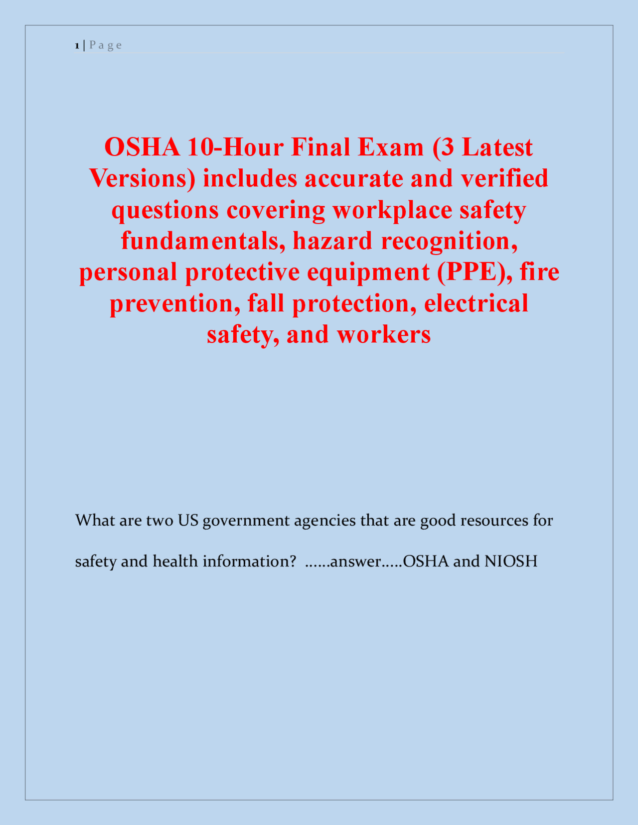 OSHA 10-Hour Final Exam (3 Latest Versions) includes accurate and ...