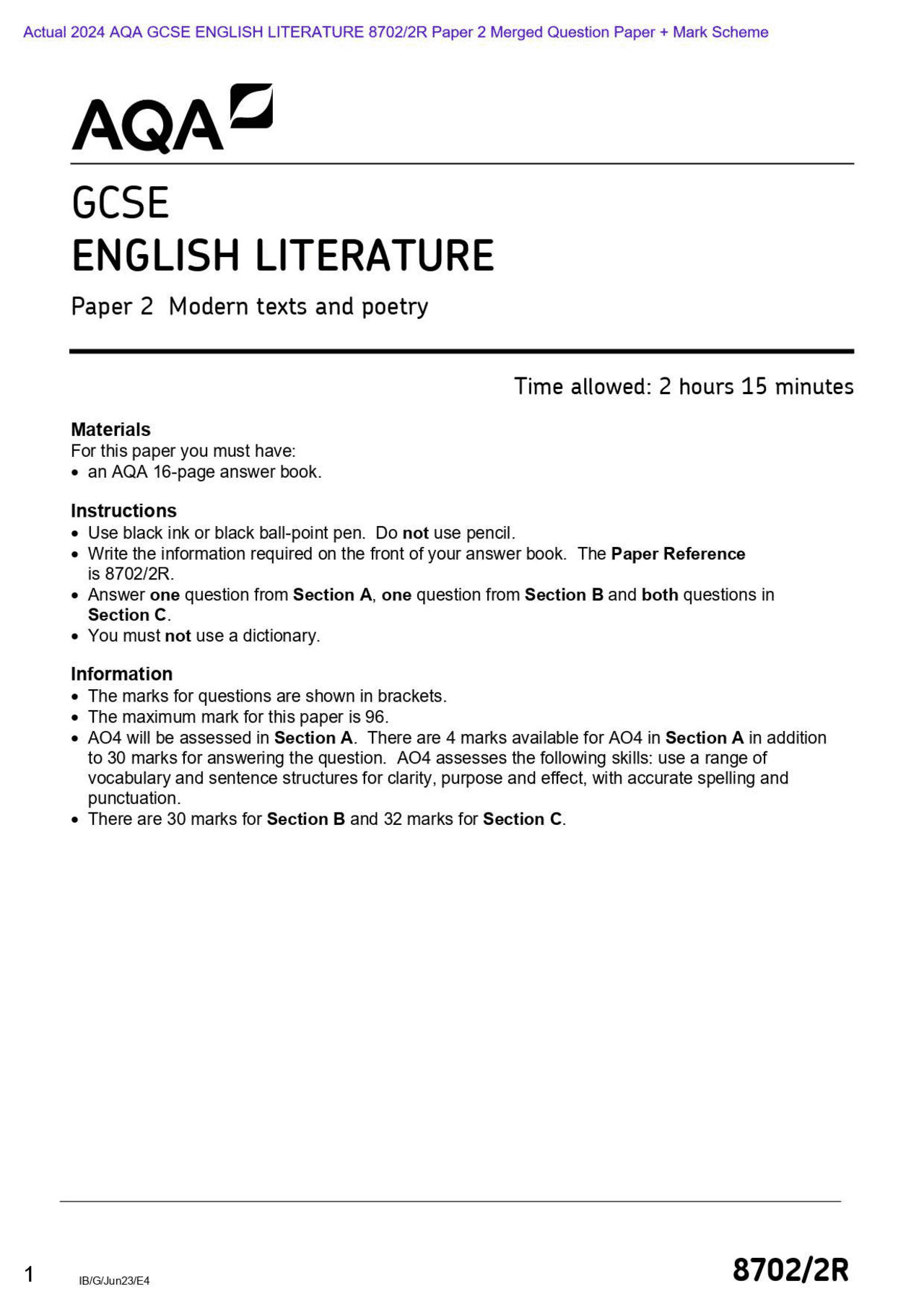 Actual 2024 AQA GCSE ENGLISH LITERATURE 8702/2R Paper 2 Merged Question ...