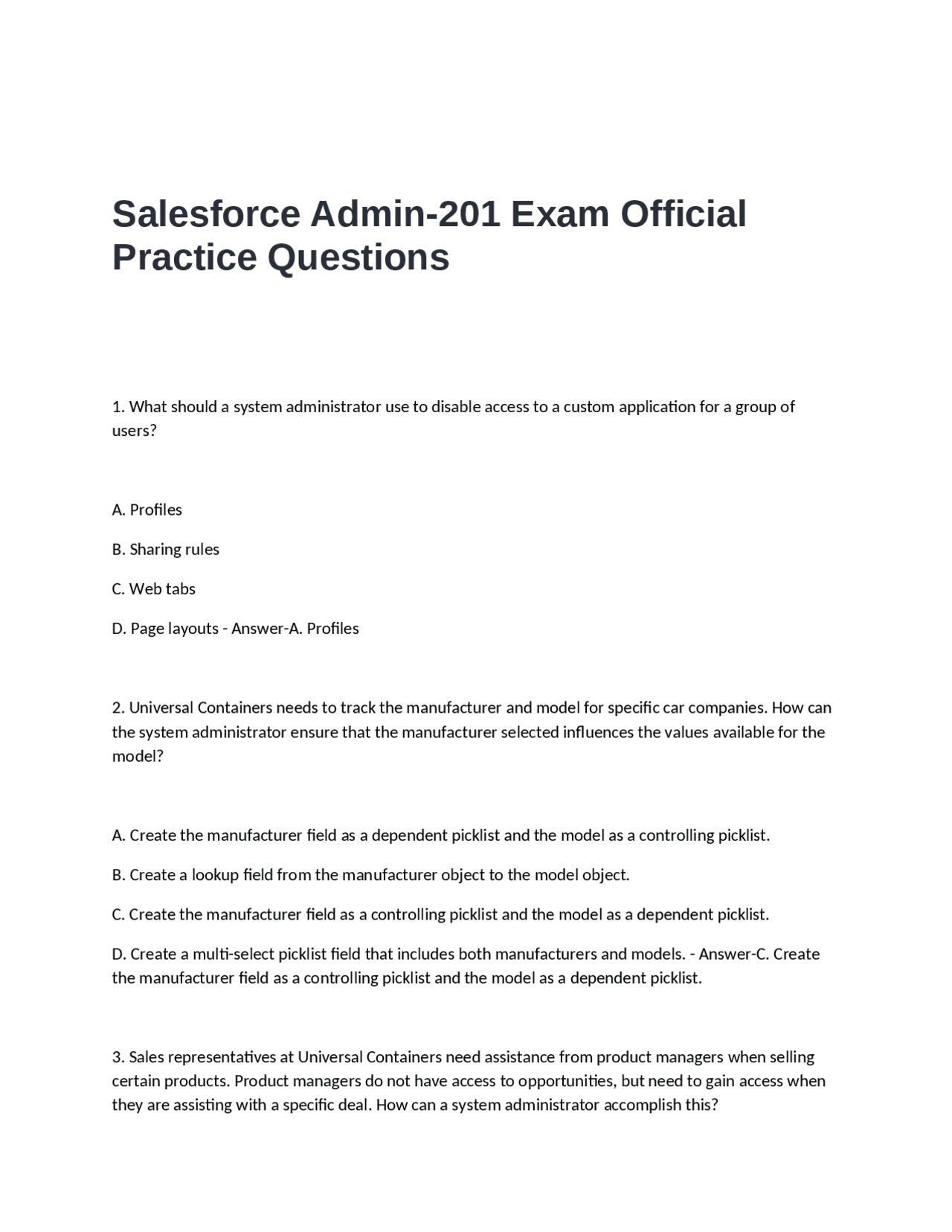 Salesforce Admin-201 Exam Official Practice Questions and Answers ...
