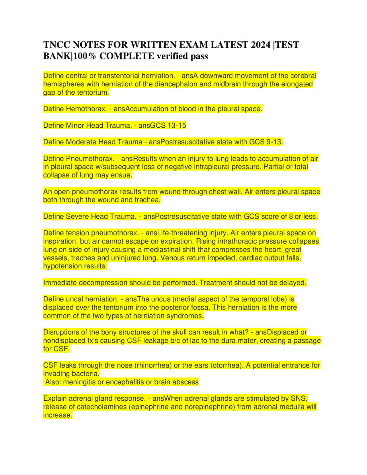 TNCC Exam Notes 2024: Trauma Nursing Core Course Study Guide | Exams ...