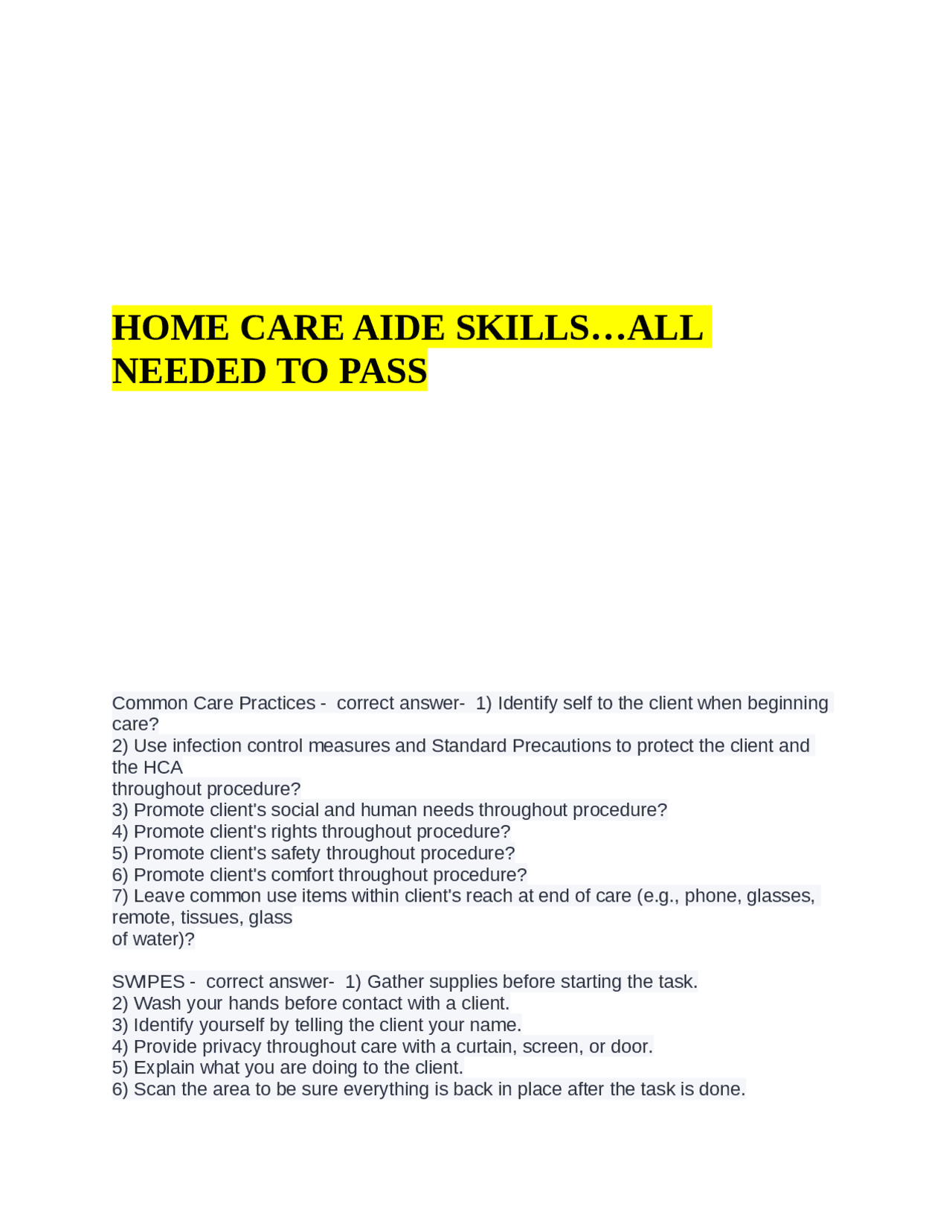 HOME CARE AIDE SKILLS…ALL NEEDED TO PASS. | Exams Advanced Education ...
