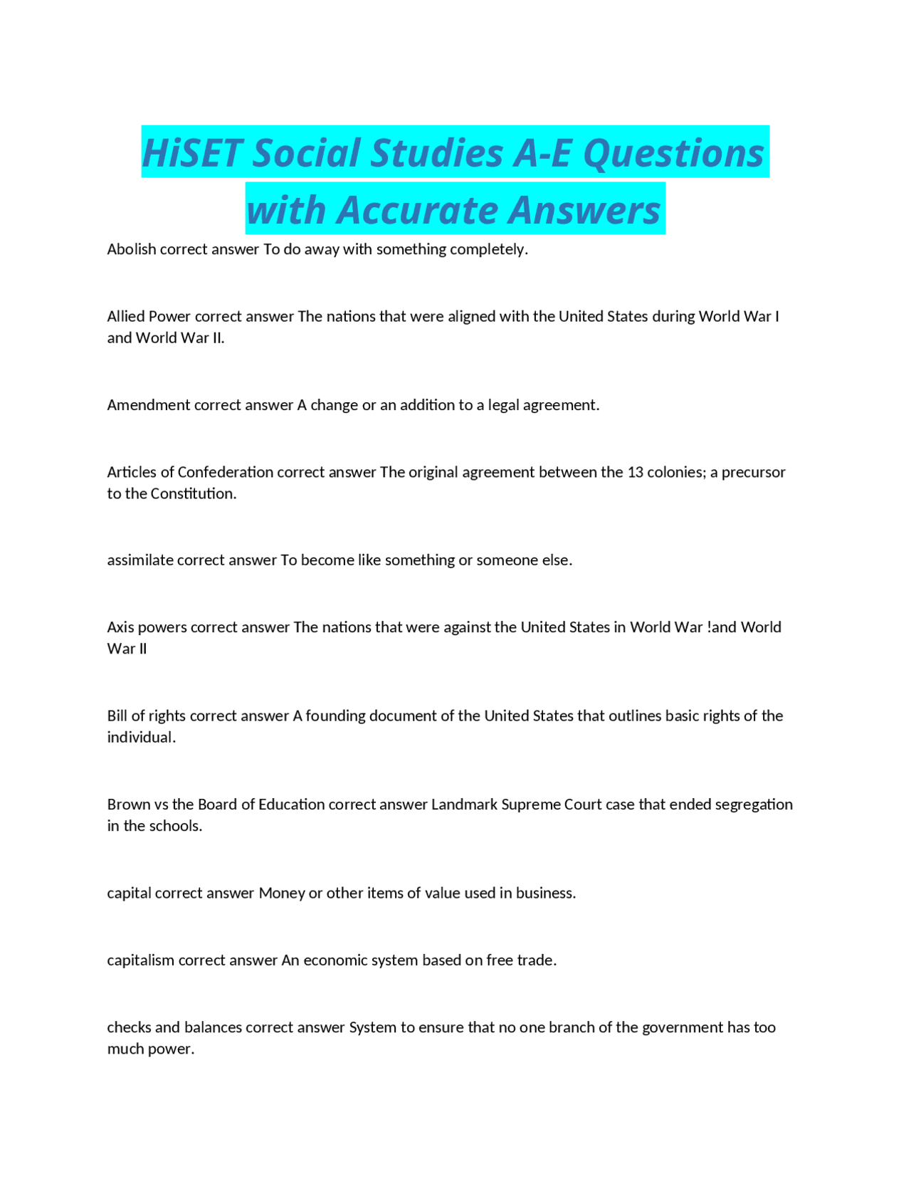 HiSET Social Studies A-E Questions with Accurate Answers | Exams ...