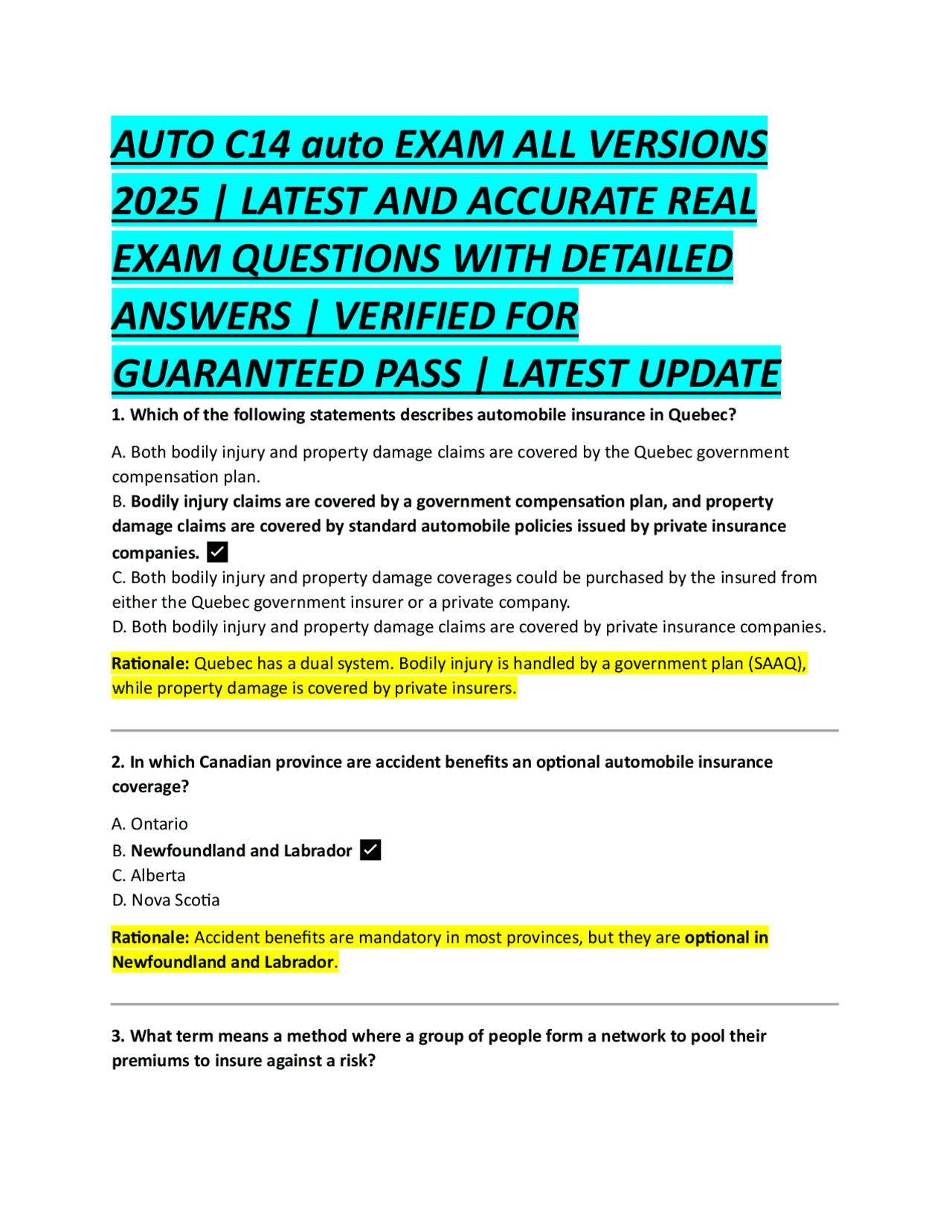 AUTO C14 auto EXAM ALL VERSIONS 2025 | LATEST AND ACCURATE REAL EXAM ...