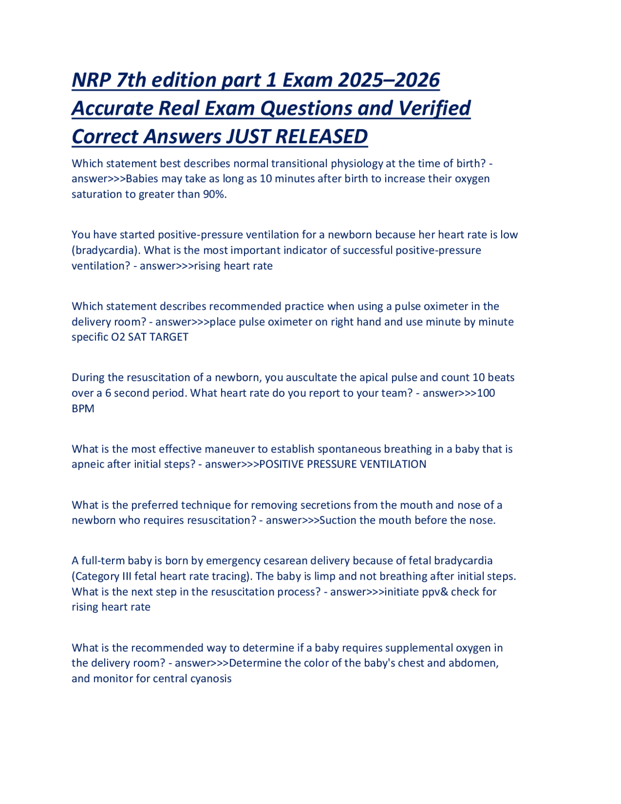 NRP 7th Edition Part 1 Exam 2025–2026 Neonatal Resuscitation Program ...