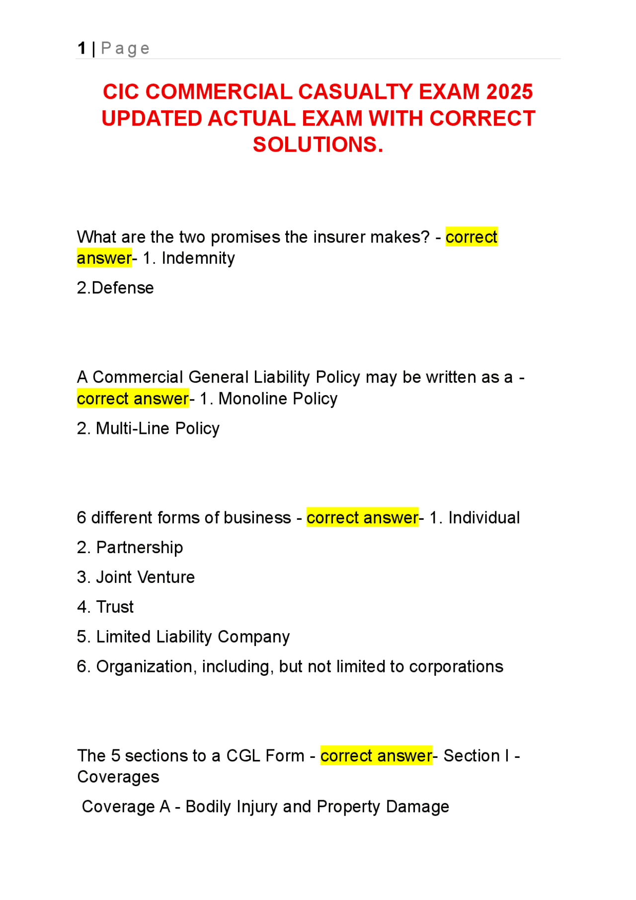 CIC COMMERCIAL CASUALTY EXAM 2025 UPDATED ACTUAL EXAM WITH CORRECT ...