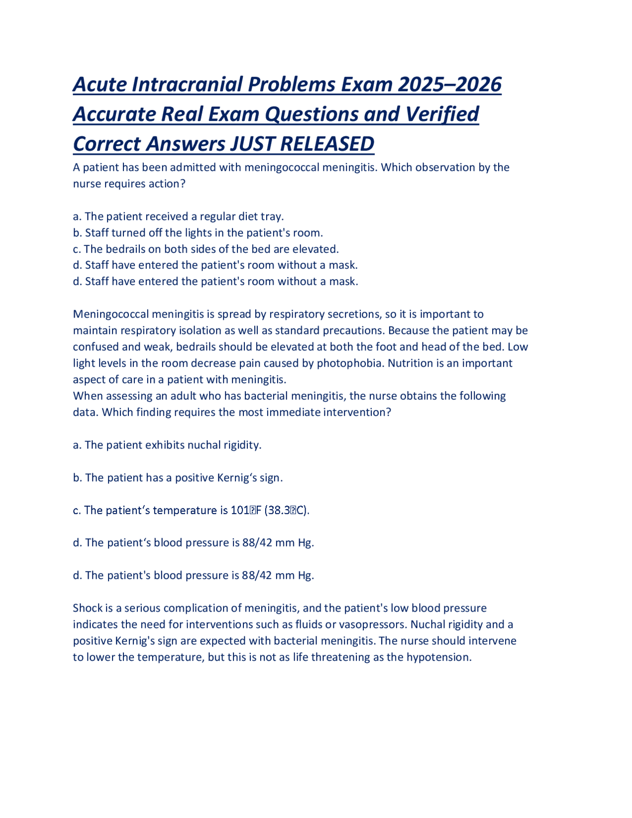 Acute Intracranial Problems Exam: Questions and Verified Answers ...