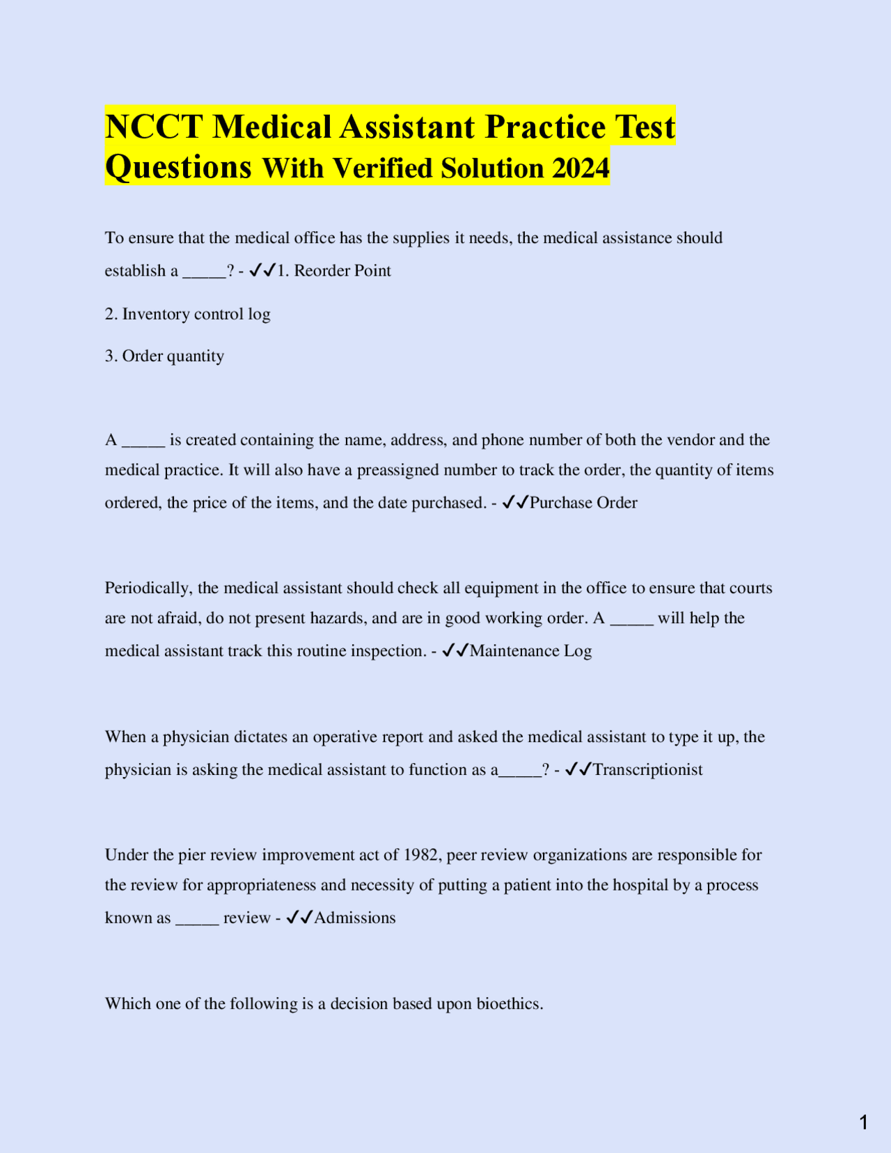 NCCT Medical Assistant Practice Test Questions With Verified Solution ...