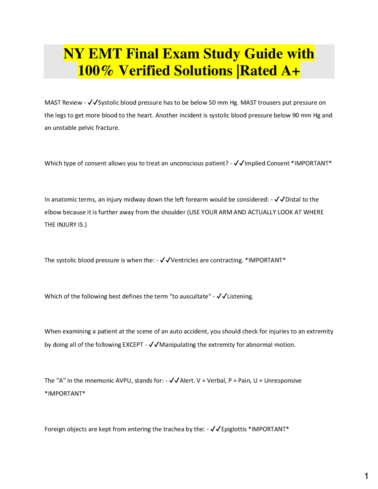 NY EMT Final Exam Study Guide with 100% Verified Solutions |Rated A+ ...