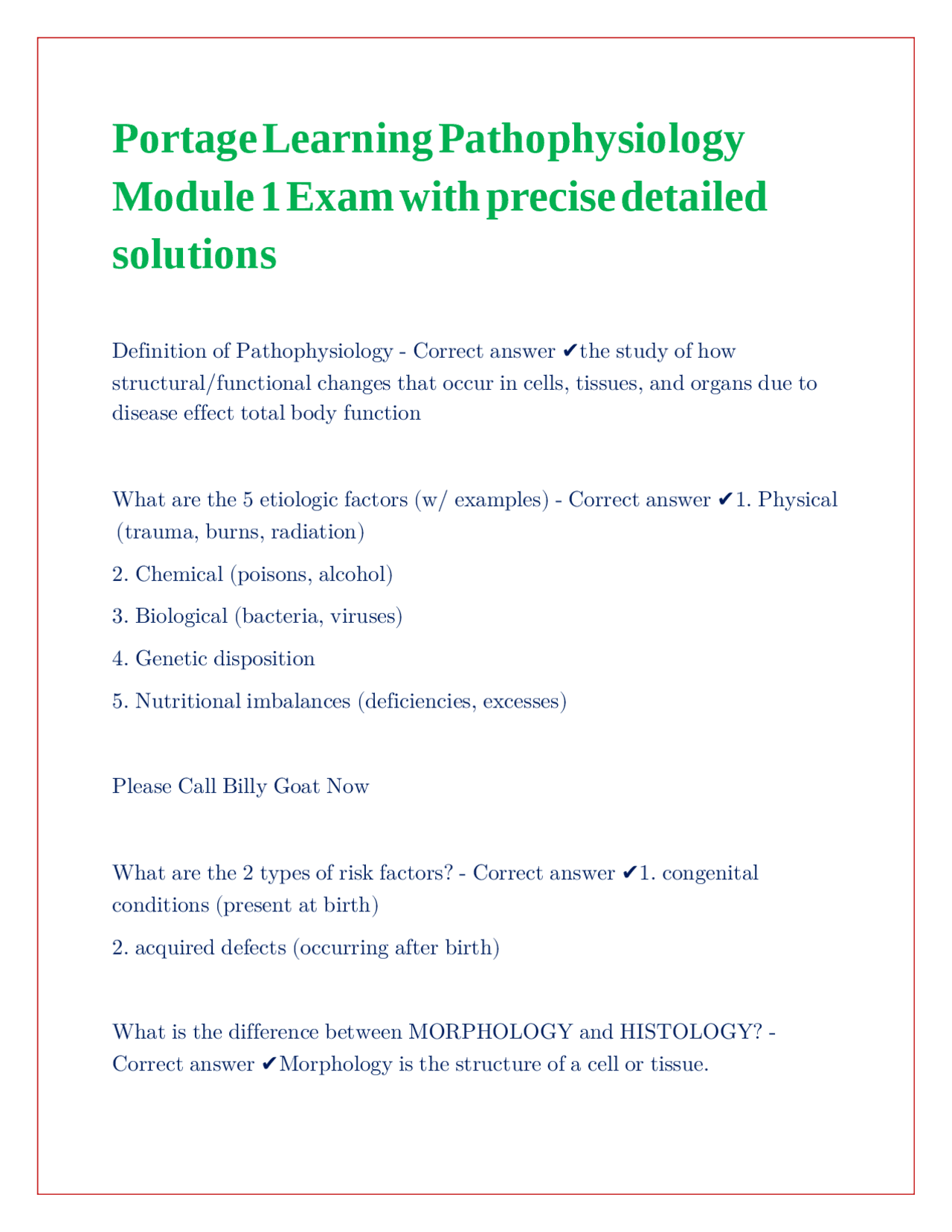 Portage Learning Pathophysiology Module 1 Exam with precise detailed ...