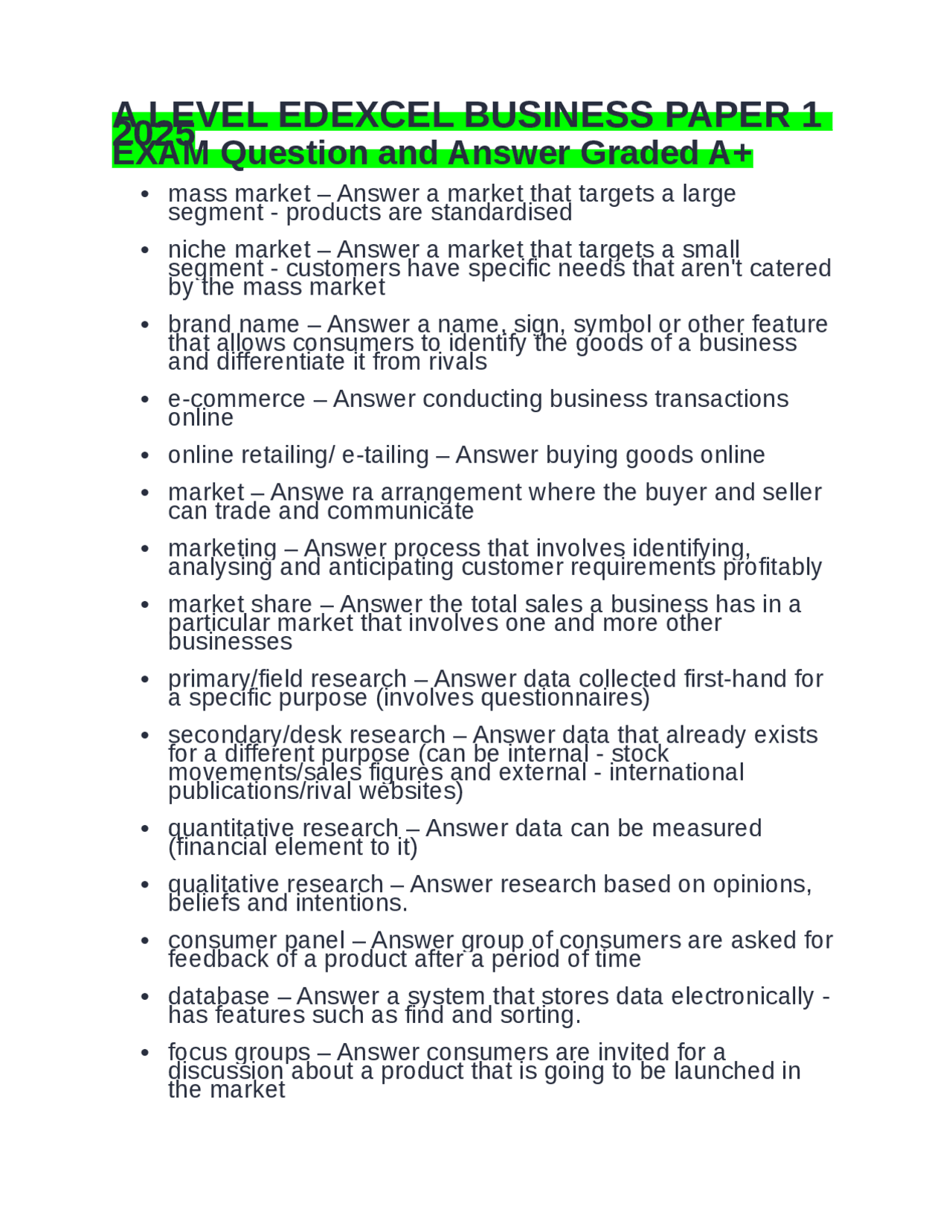 A LEVEL EDEXCEL BUSINESS PAPER 1 2025 EXAM Question and Answer Graded ...