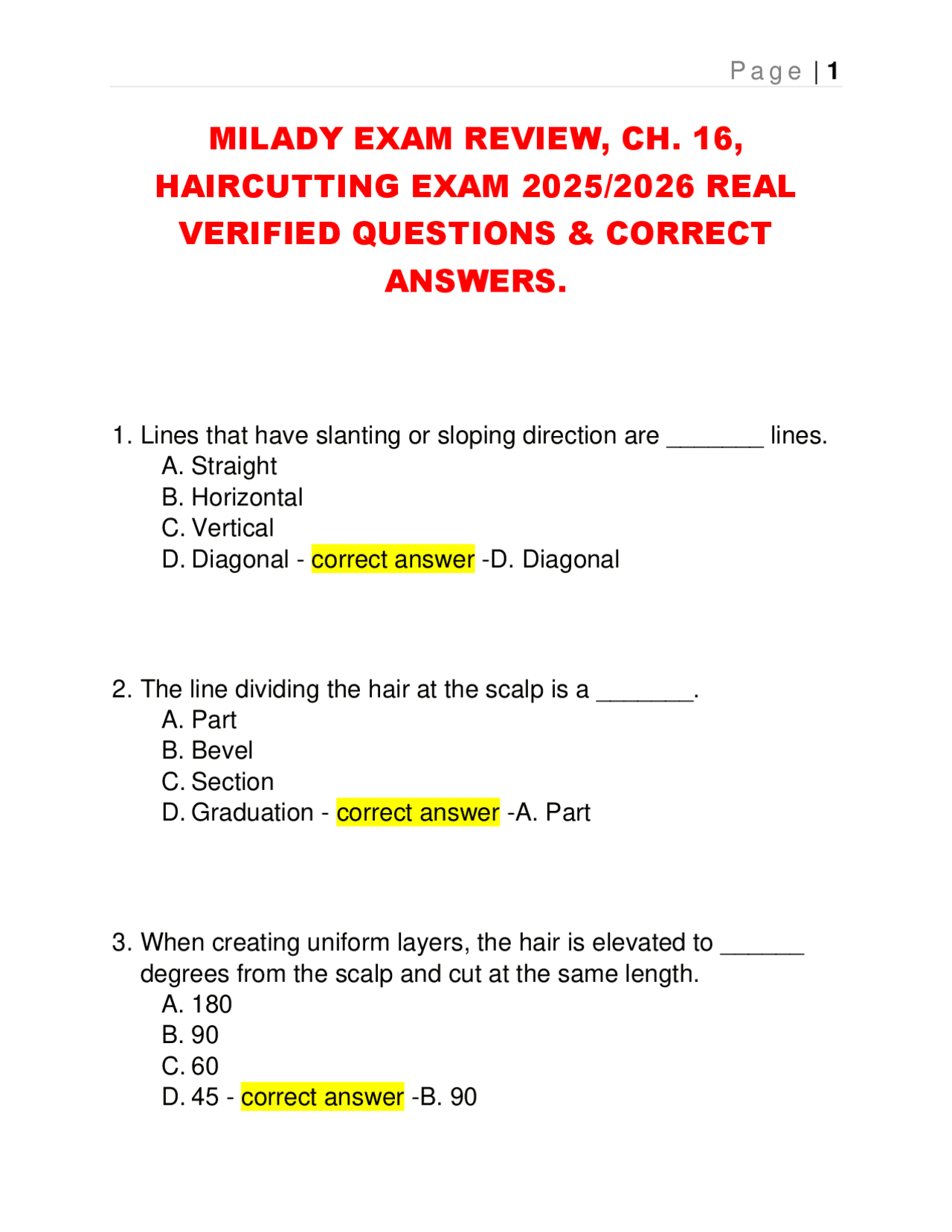 MILADY EXAM REVIEW, CH. 16, HAIRCUTTING EXAM 2025/2026 REAL VERIFIED ...