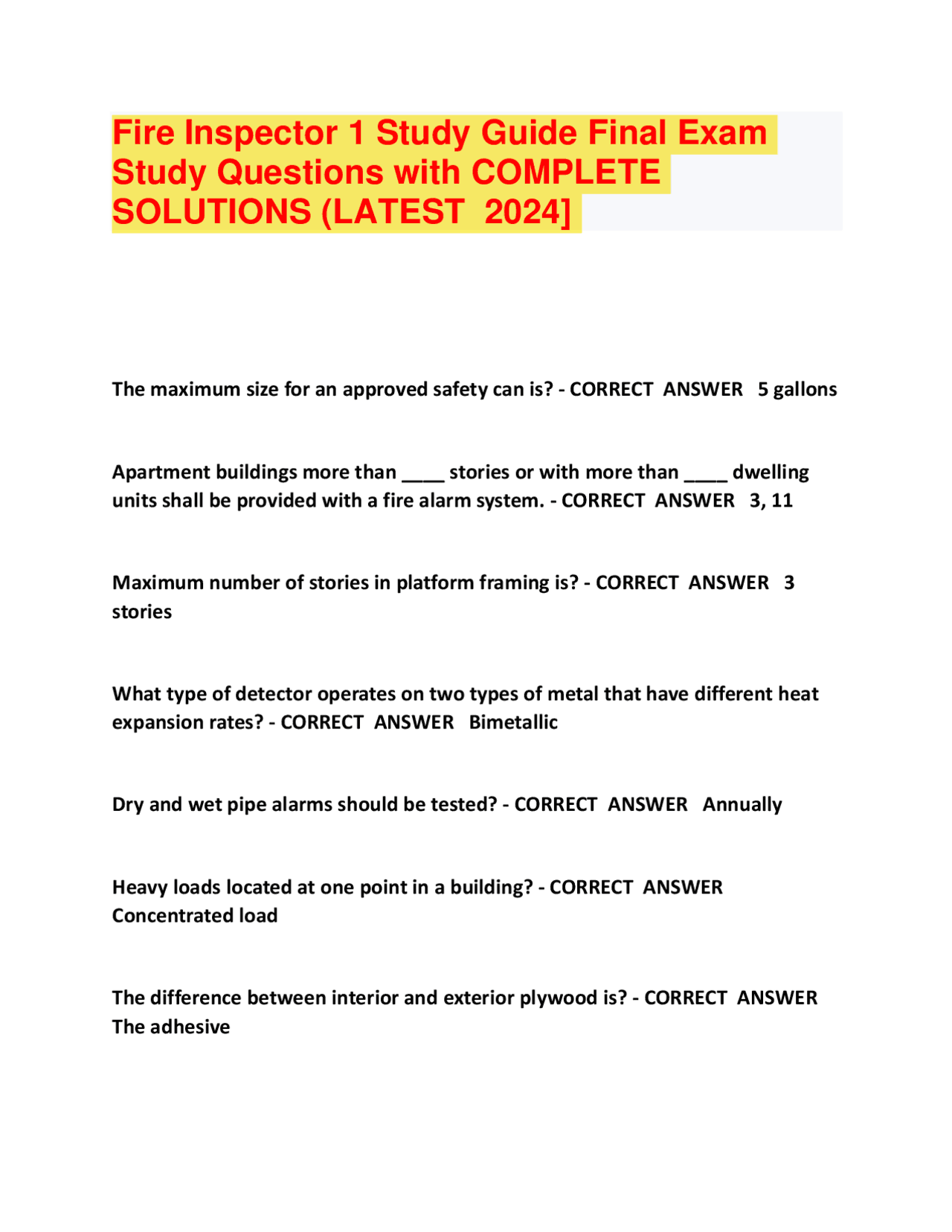 Fire Inspector 1 Study Guide Final Exam Study Questions with COMPLETE ...