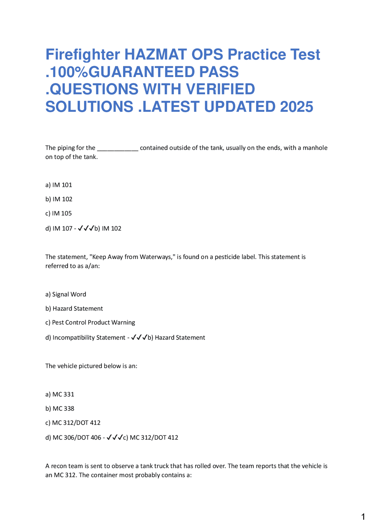 Firefighter HAZMAT OPS Practice Test .100%GUARANTEED PASS .QUESTIONS ...