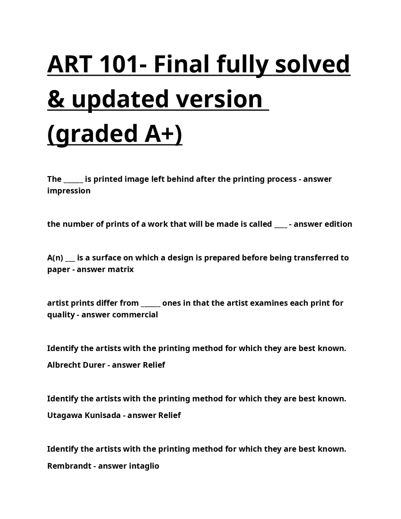 ART 101- Final fully solved & updated version (graded A+).docx | Exams Biology | Docsity