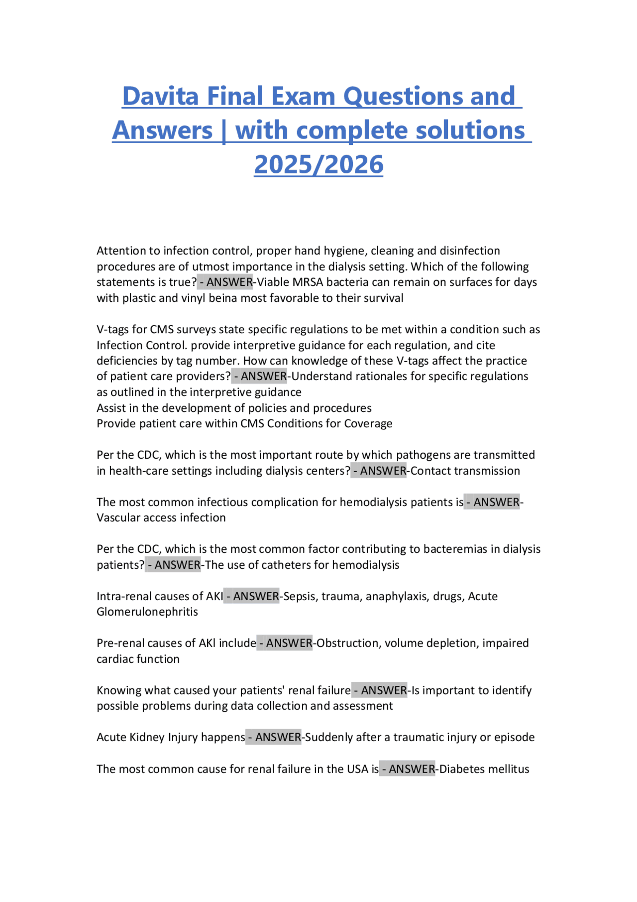 Davita Final Exam Questions and Answers | with complete solutions ...