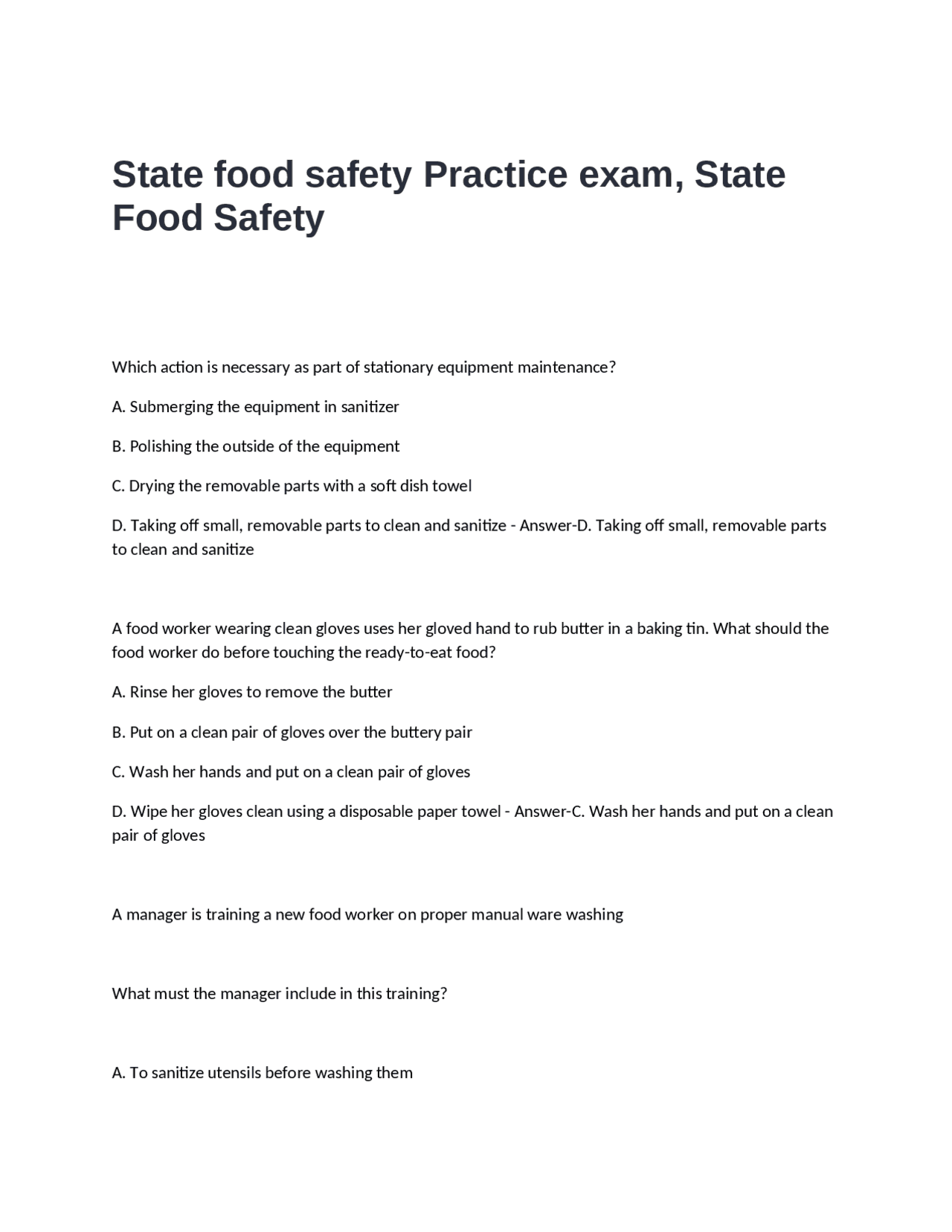 State food safety Practice Exam Questions and Answers, State Food ...